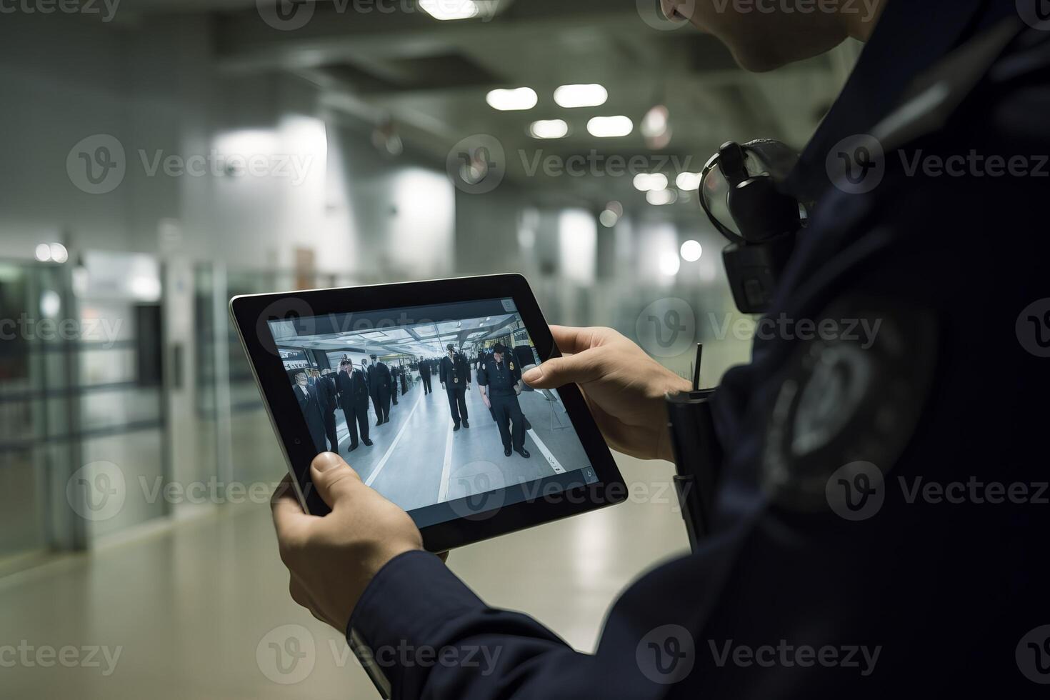 AI generated Security guard with video tracking camera safety tablet ... AI generated Security guard with video tracking camera safety tablet ...