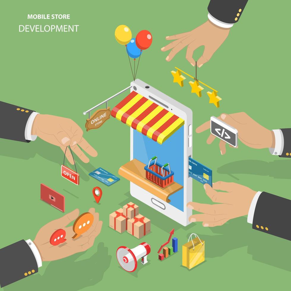 Mobile store development flat isometric low poly vector concept ... Mobile store development flat isometric low poly vector concept ...