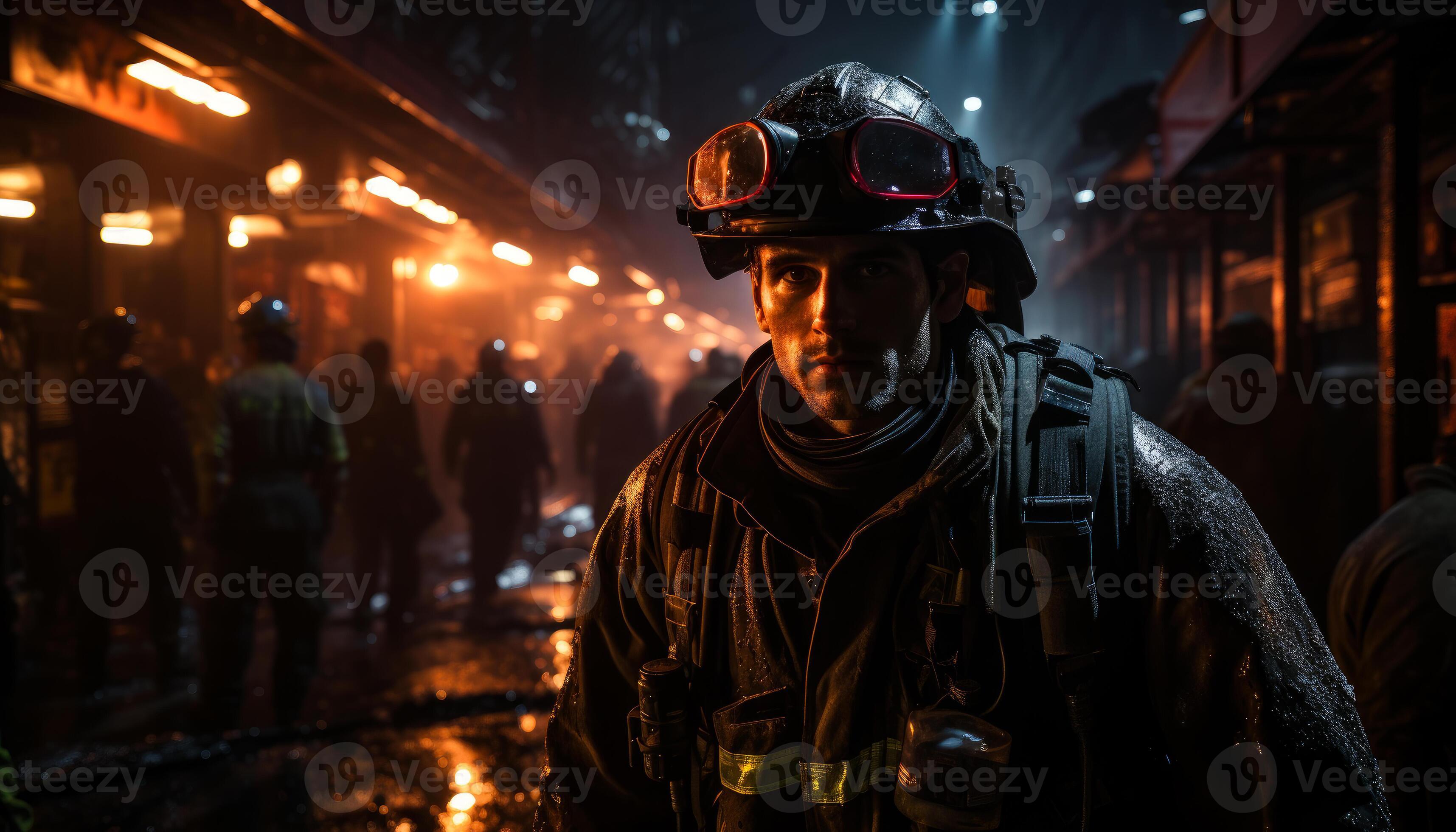 AI generated Firefighter walking through hallway. A firefighter ...