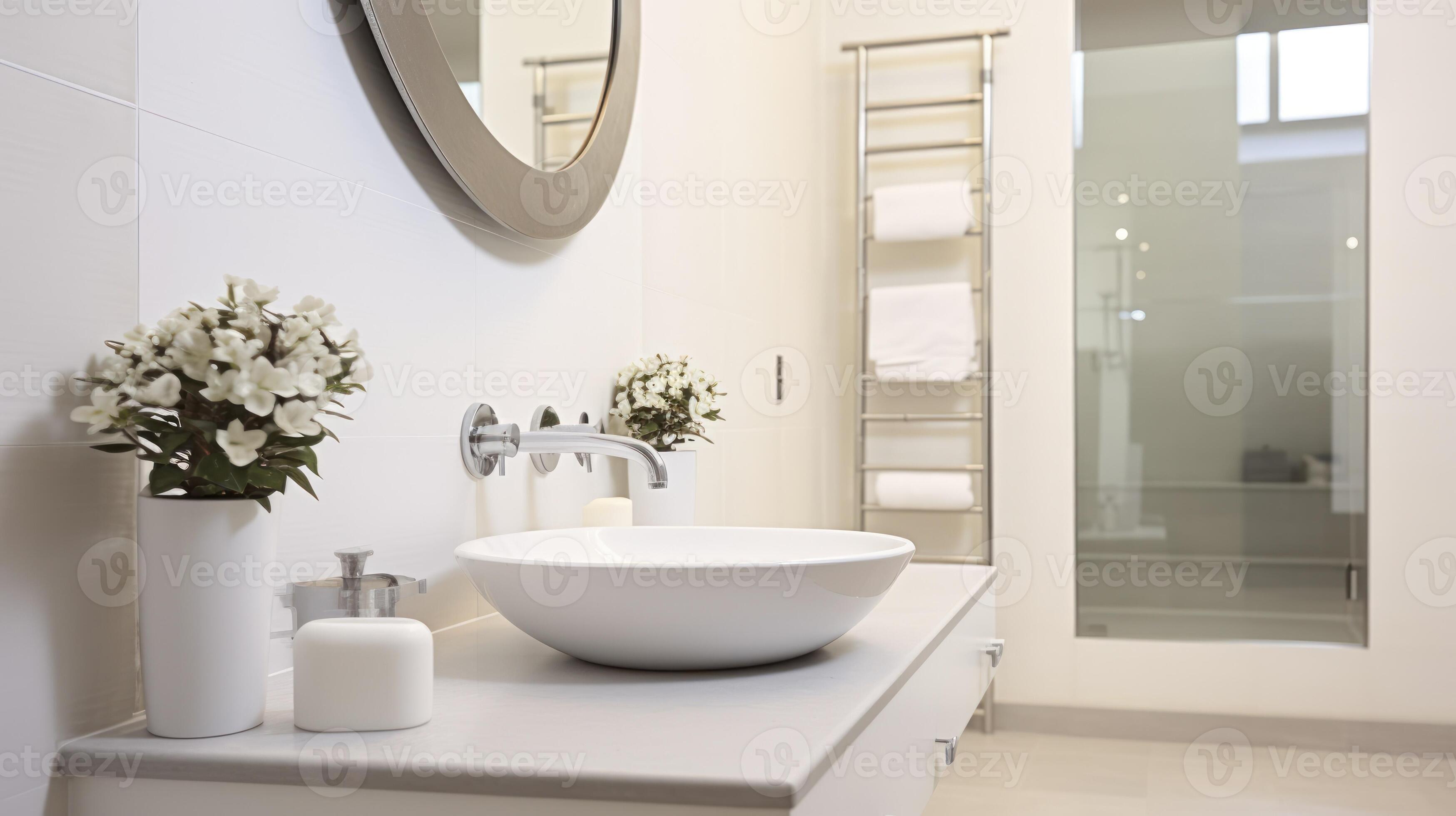 Ai Generated A Crisp White Bathroom Merging Function And Style In A Modern Home 38146273 Stock