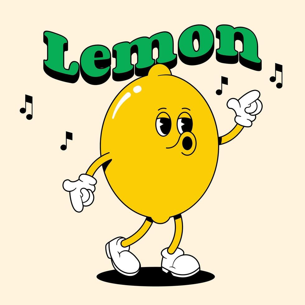 Retro Lemon with arms and legs. Yellow groove fruit. Vector ... Retro Lemon with arms and legs. Yellow groove fruit. Vector ...