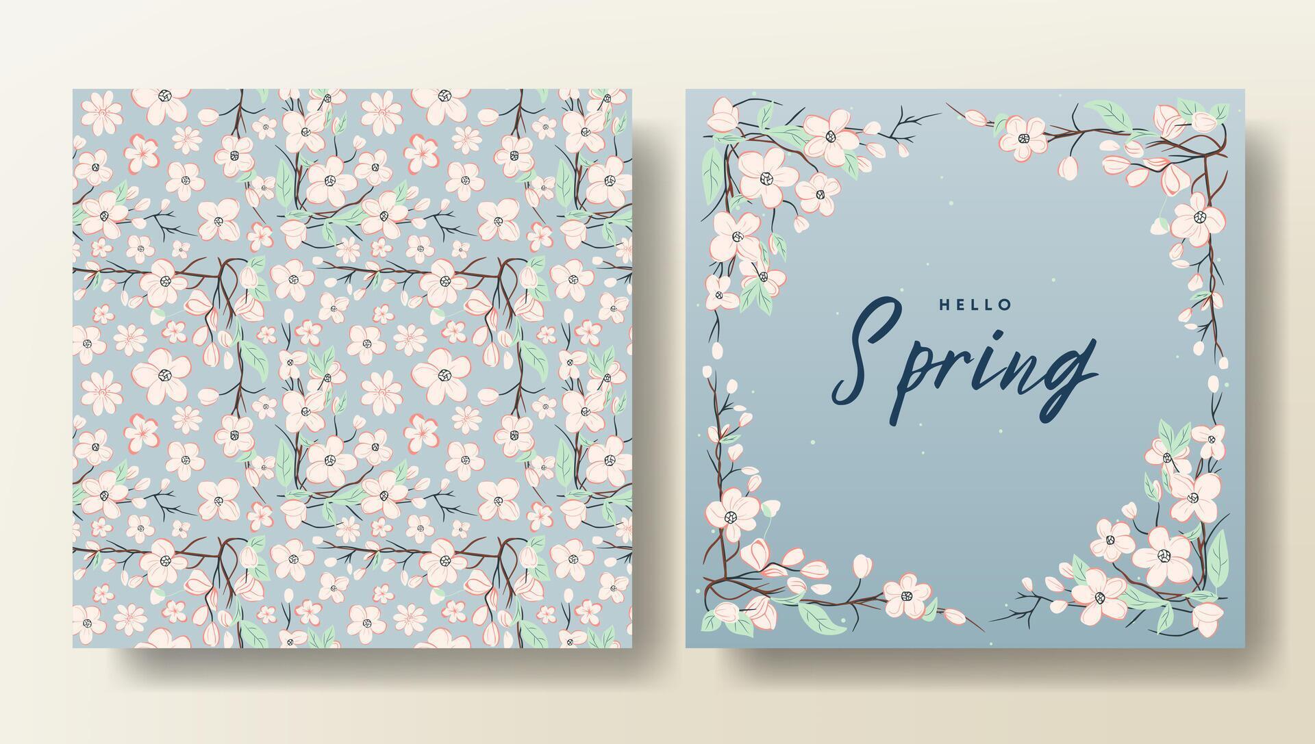 Set of Hello spring card and seamless pattern with cherry blossom ...