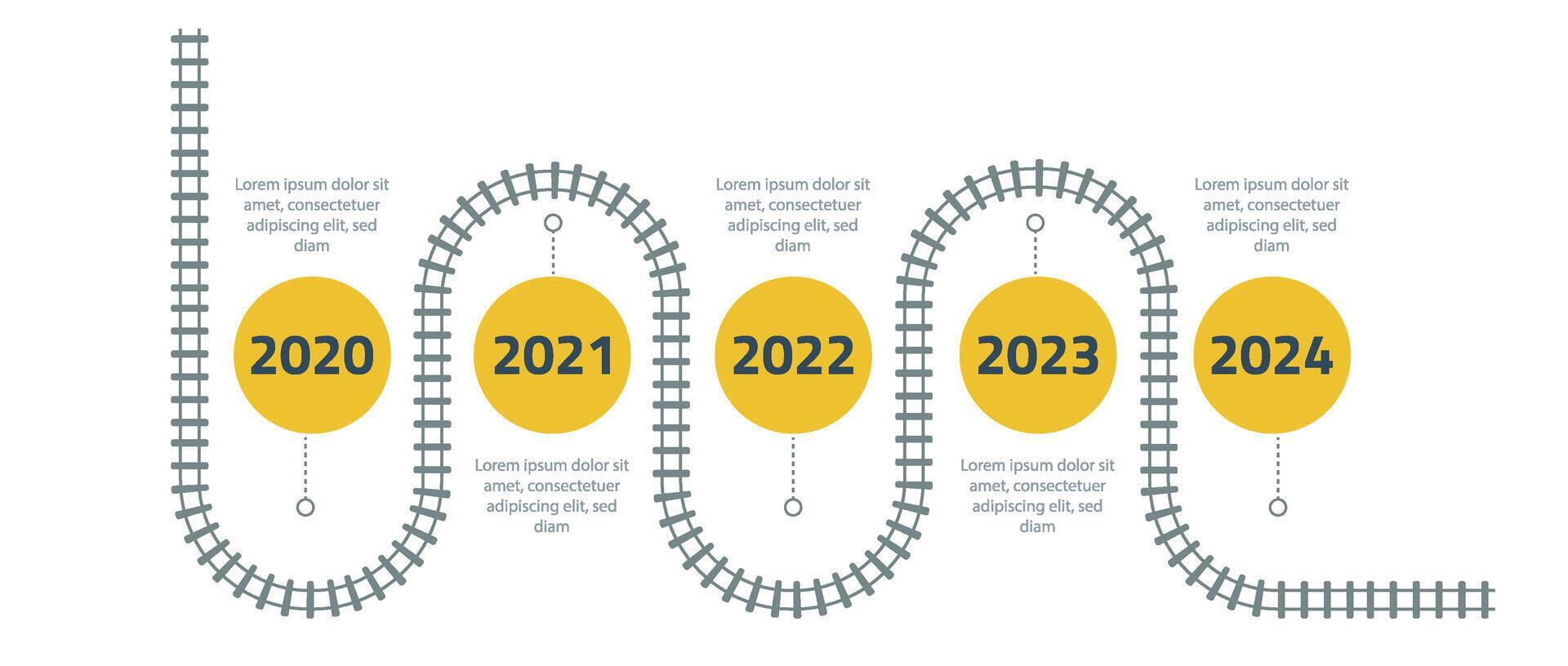 Timeline infographics template with 2024 in yellow and gray. Railroad track, Railway route ...
