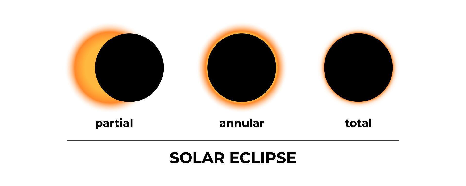 Solar eclipse set. Partial, annular and total solar eclipse. Sun and ...