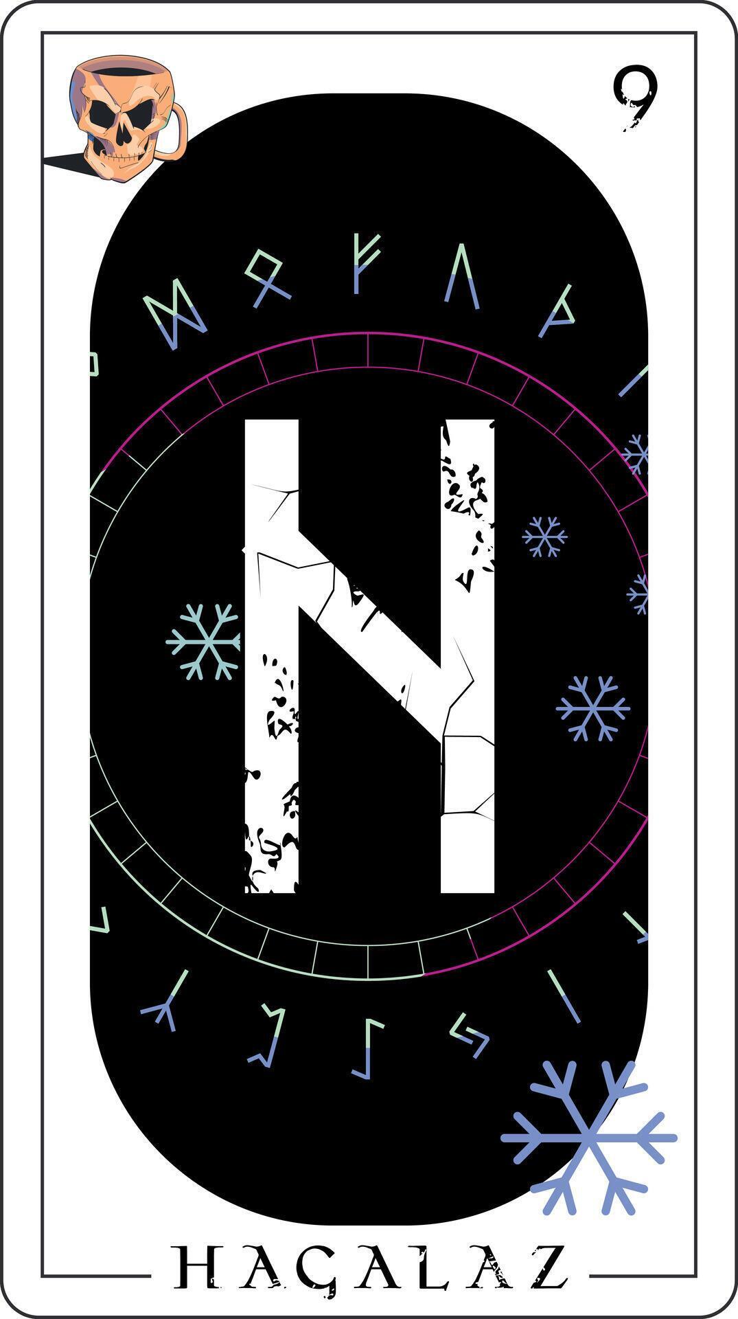 Viking tarot card with runic alphabet. Runic letter t-shirt called Hagalaz next to the symbol of ...