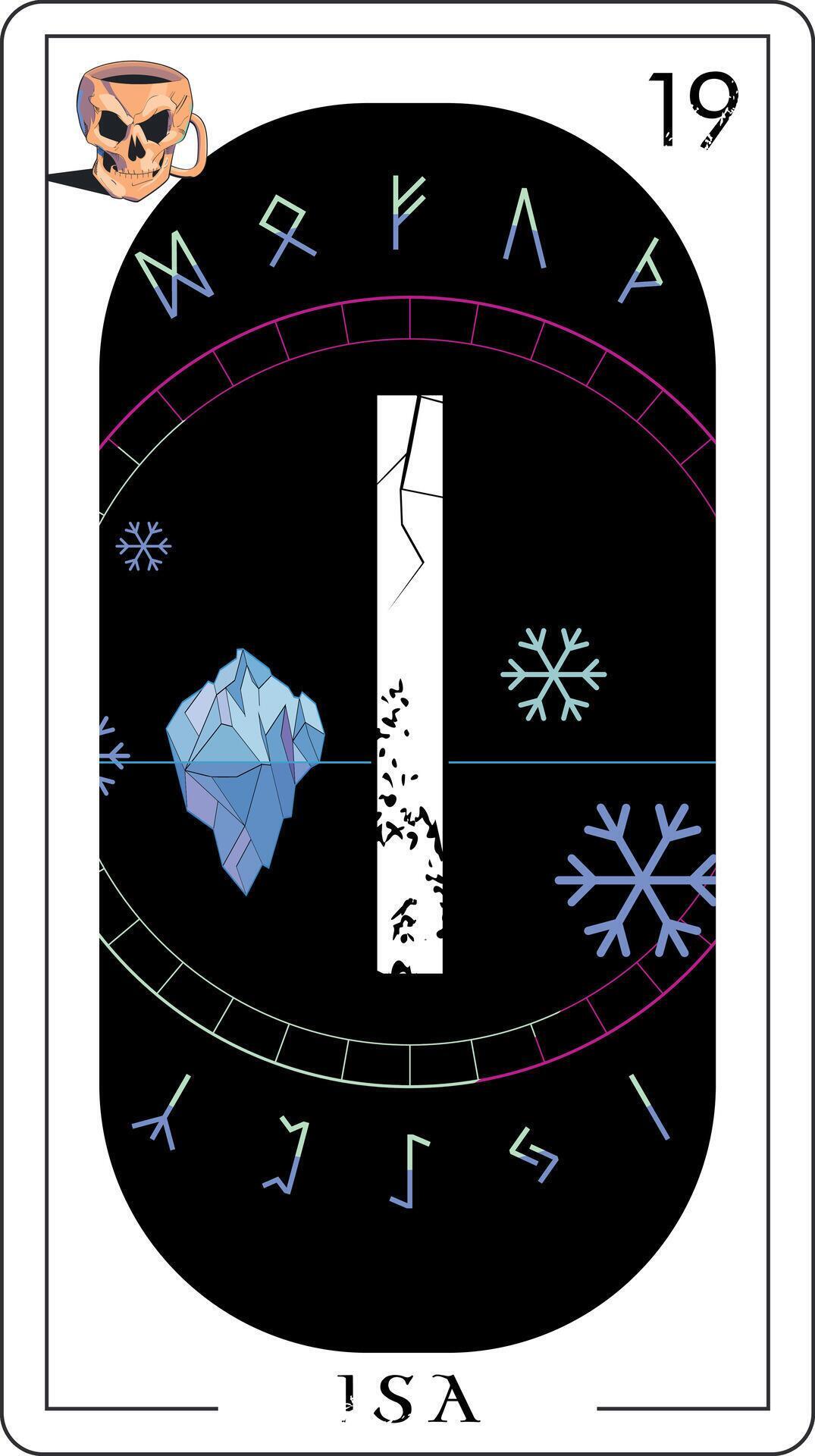 Viking tarot card with runic alphabet. Runic letter called Isa next to an iceberg and the symbol ...