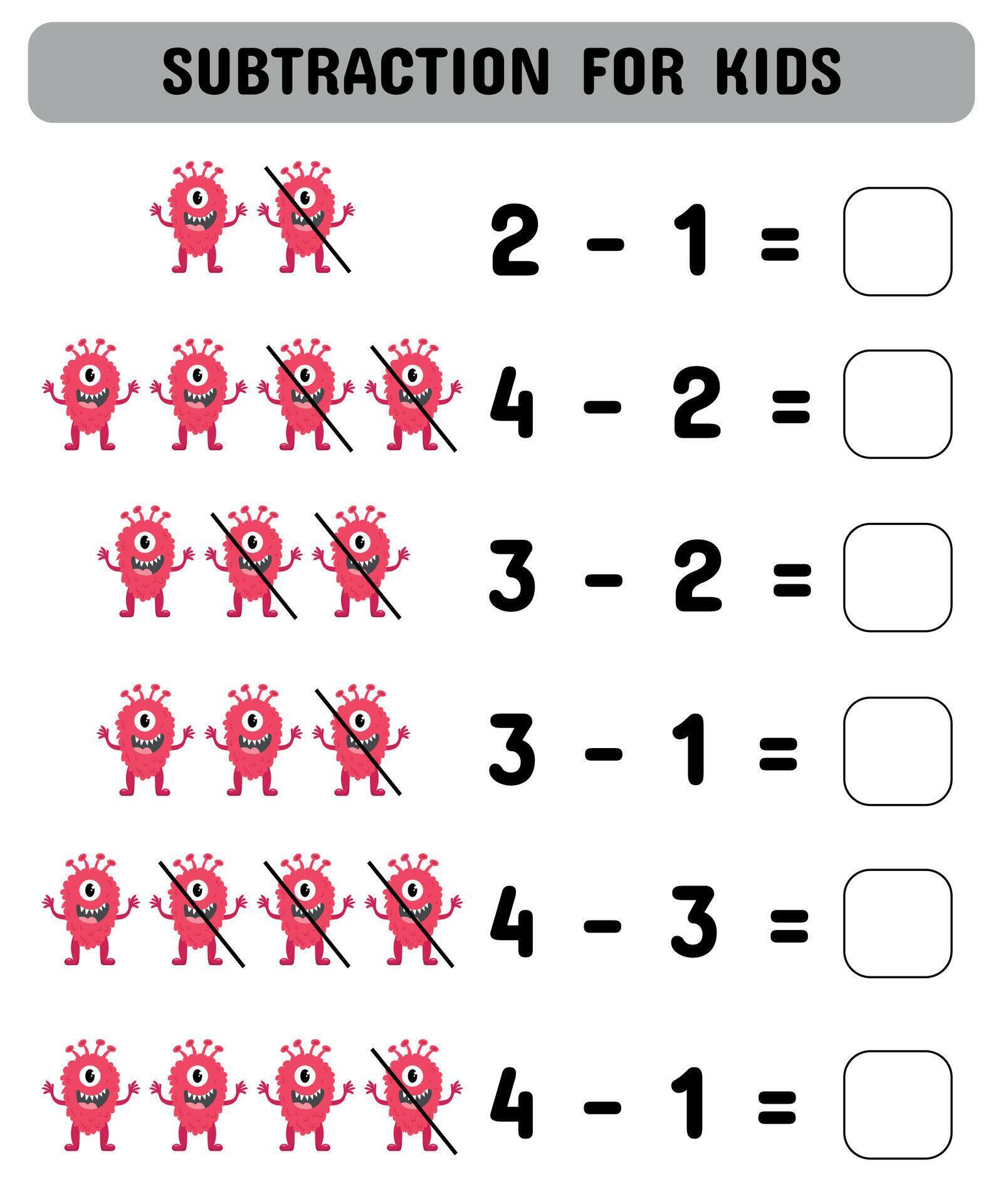 Mathematical Examples Of Subtraction With Cute Monsters. Printable 
