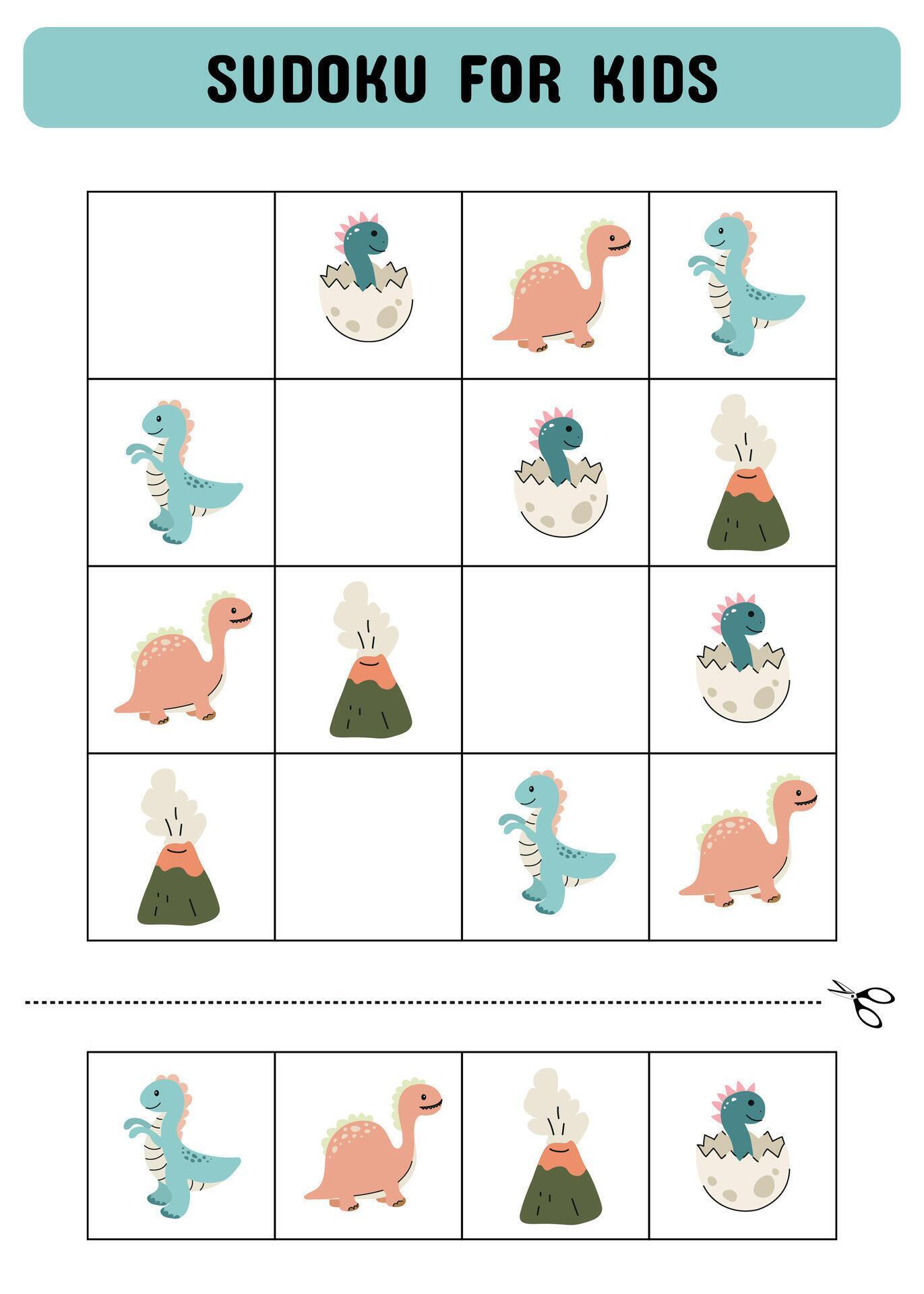 Sudoku for kids with cute dinosaurs. A logic game for preschoolers. Printable sheet. Vector ...