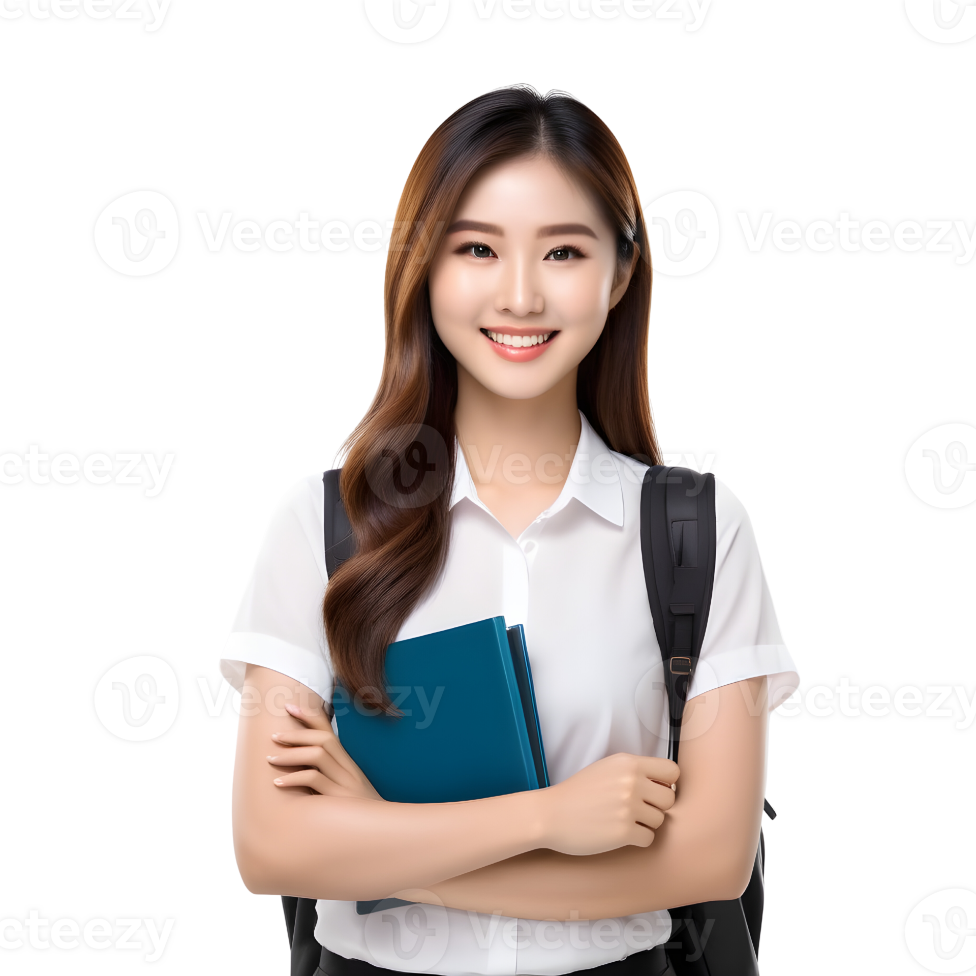 AI generated Asian female student smiling happily on PNG transparent background. Study success ...