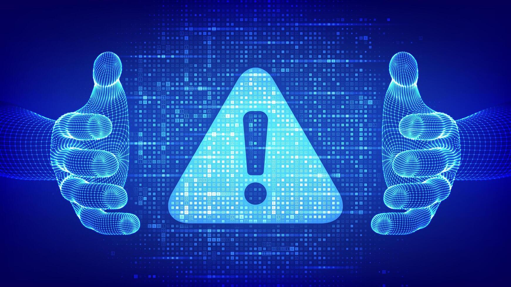 Attention symbol made with binary code in wireframe hands. Danger Sign. Virus Alert. Streaming ...