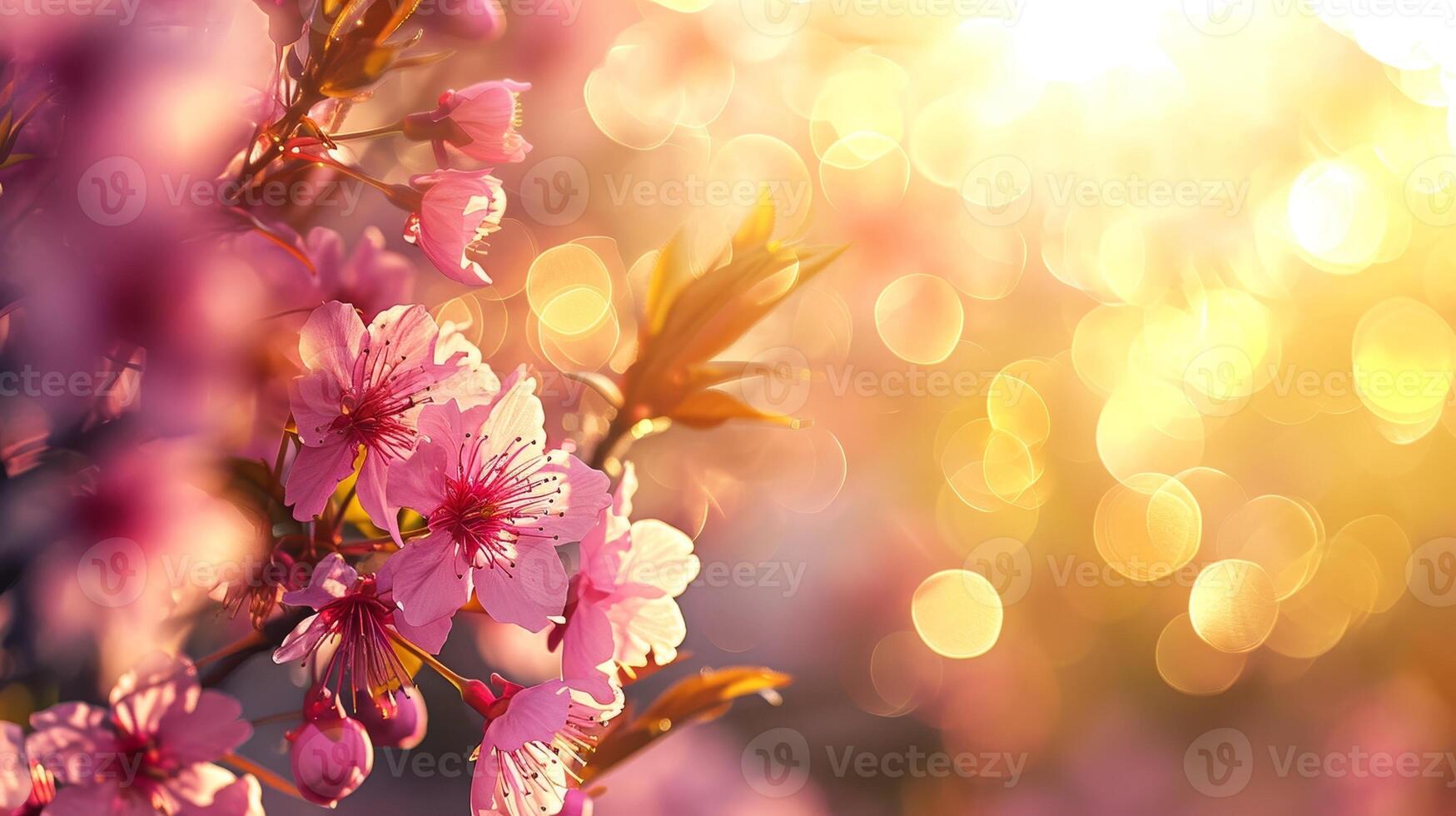 AI generated Panoramic spring background with beautiful pink cherry blossoms, bokeh background ...
