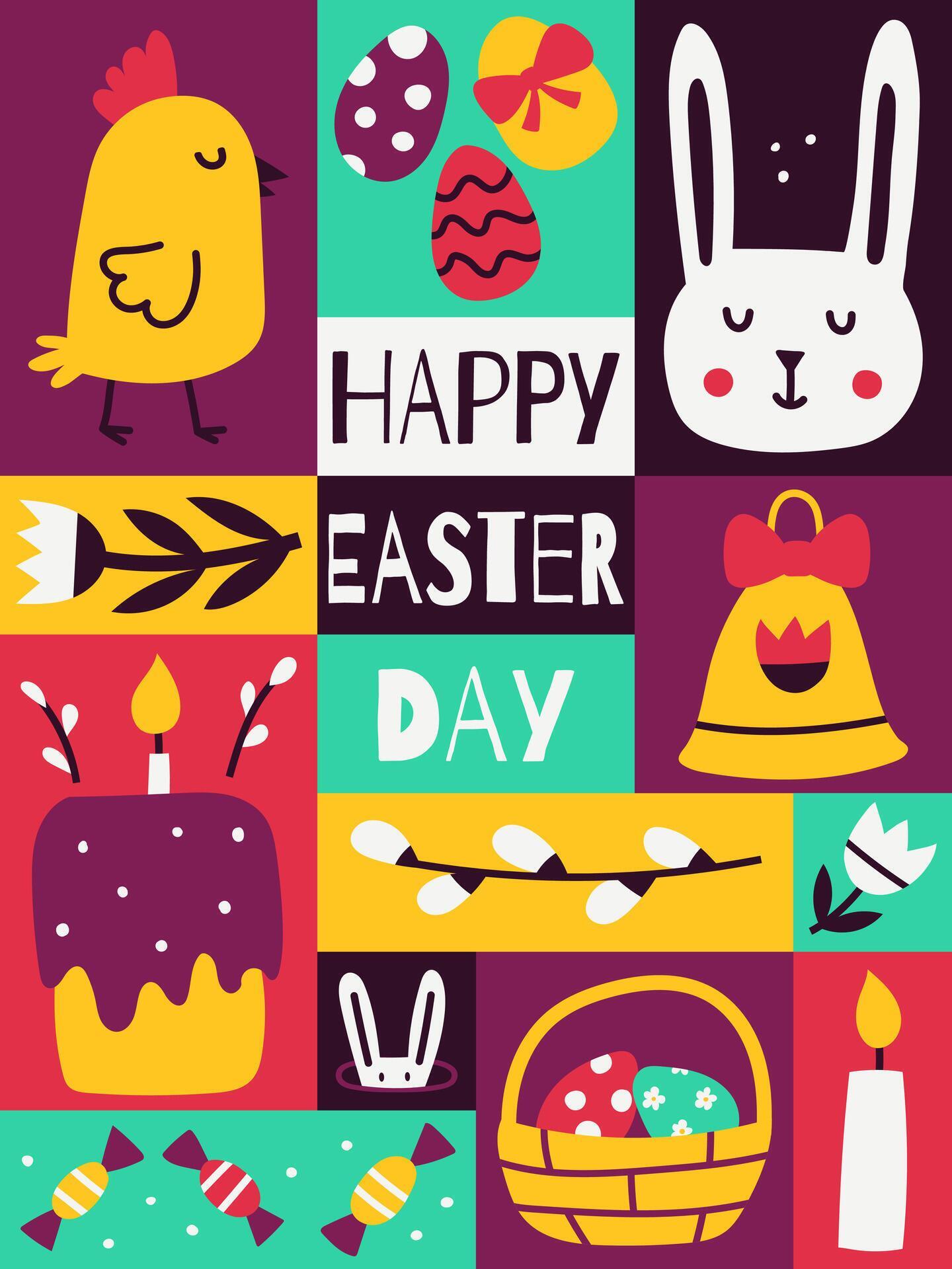 Easter Greeting card. Vertical graphic poster with cute flat symbols of Easter. Chicken, bunny ...