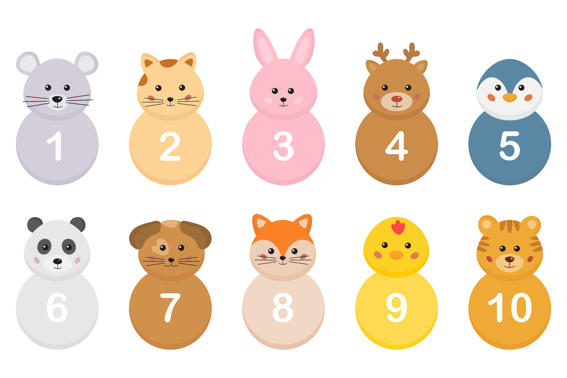 Cute numbers from 1 to 10 with funny animals characters. Collection of ...