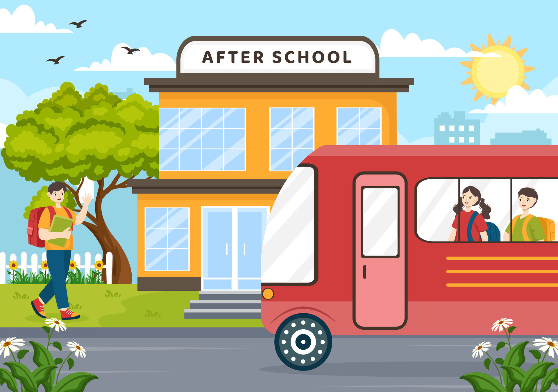 After School Vector Illustration with Students Leave School Building After Class or Program and ...
