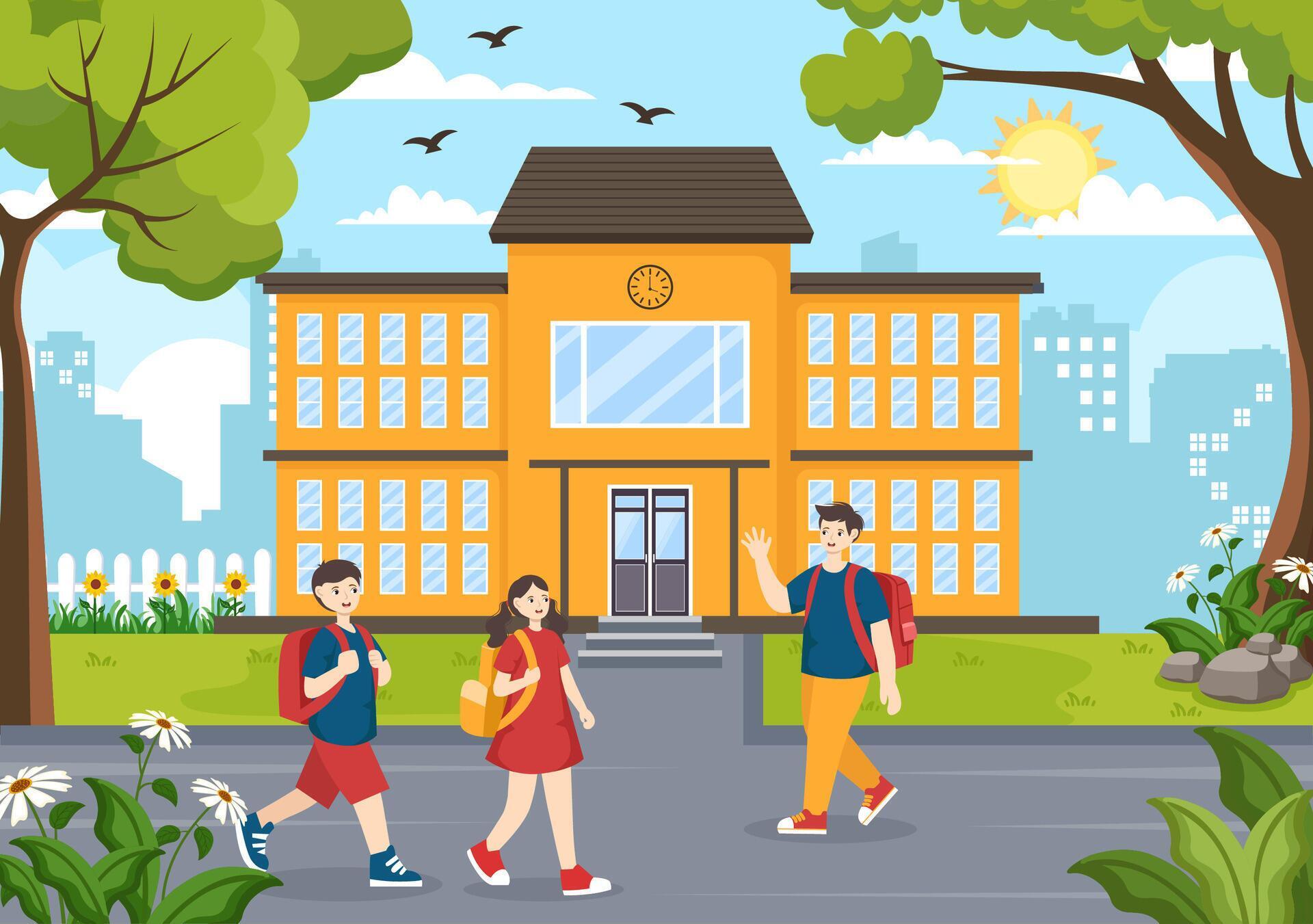 After School Vector Illustration with Students Leave School Building After Class or Program and ...