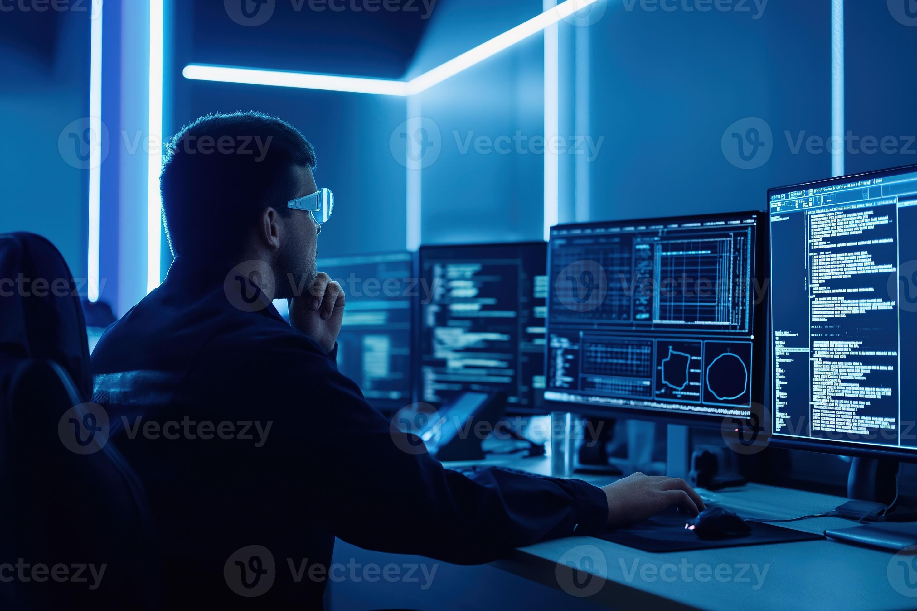 AI generated Software develper man wearing glasses working coding Write ... AI generated Software develper man wearing glasses working coding Write ...