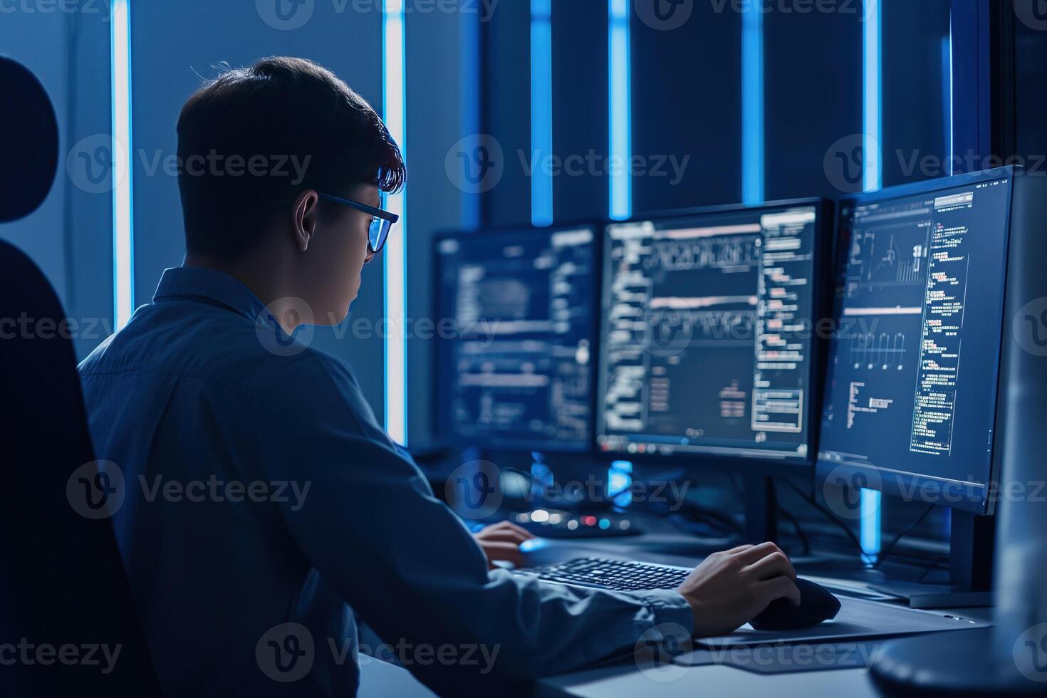 Ai Generated Software Develper Man Wearing Glasses Working Coding Write A Program Develope Ai