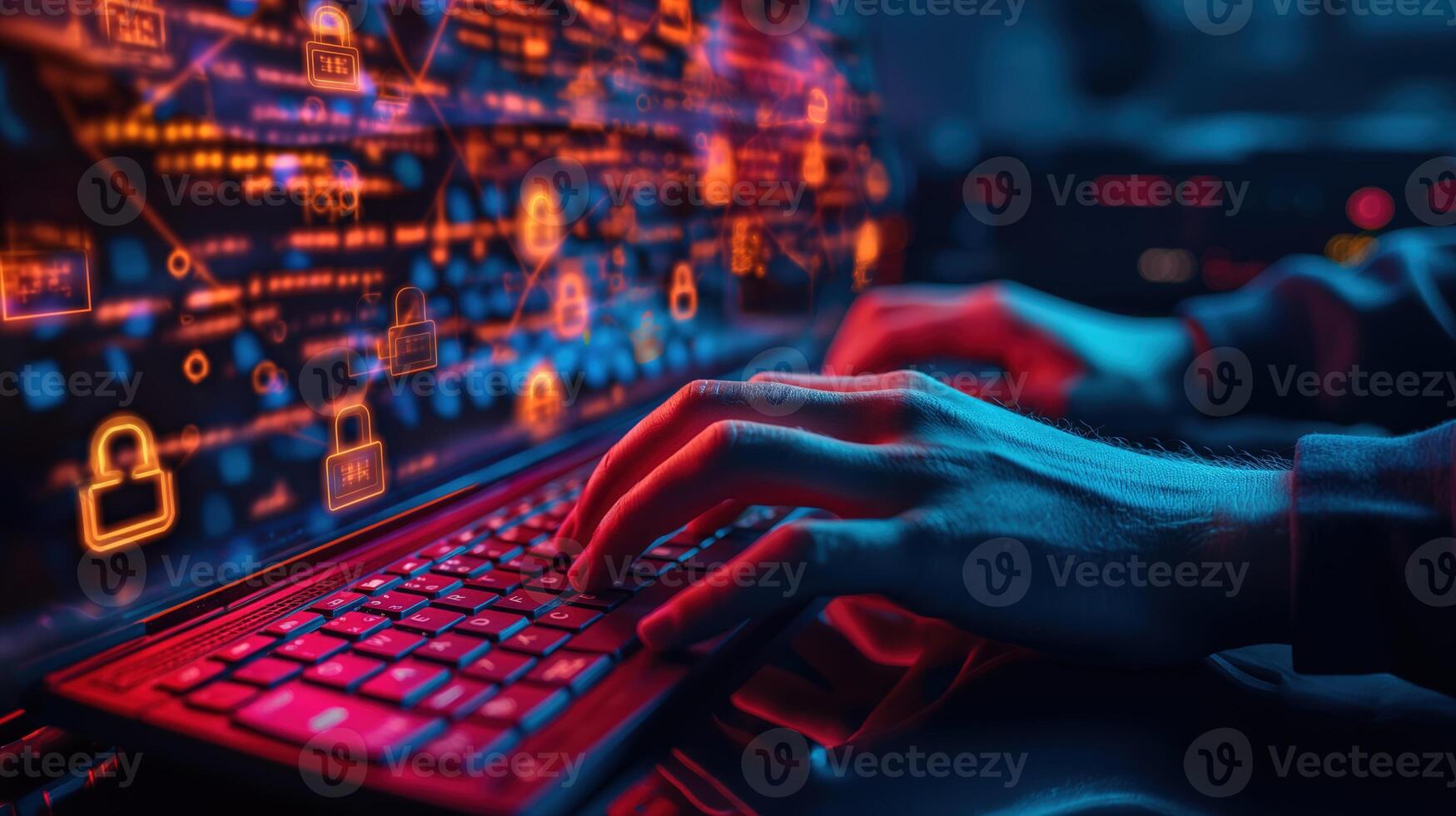 Ai Generated Hands Typing On A Keyboard With Glowing Cybersecurity