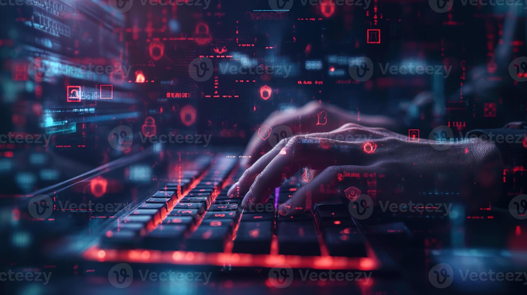 AI generated Hands typing on a keyboard with glowing cybersecurity ...