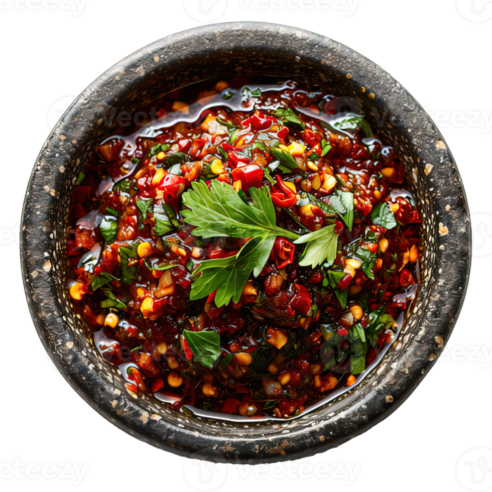 AI generated Indonesian traditional chili sauce dish in a stone bowl ...
