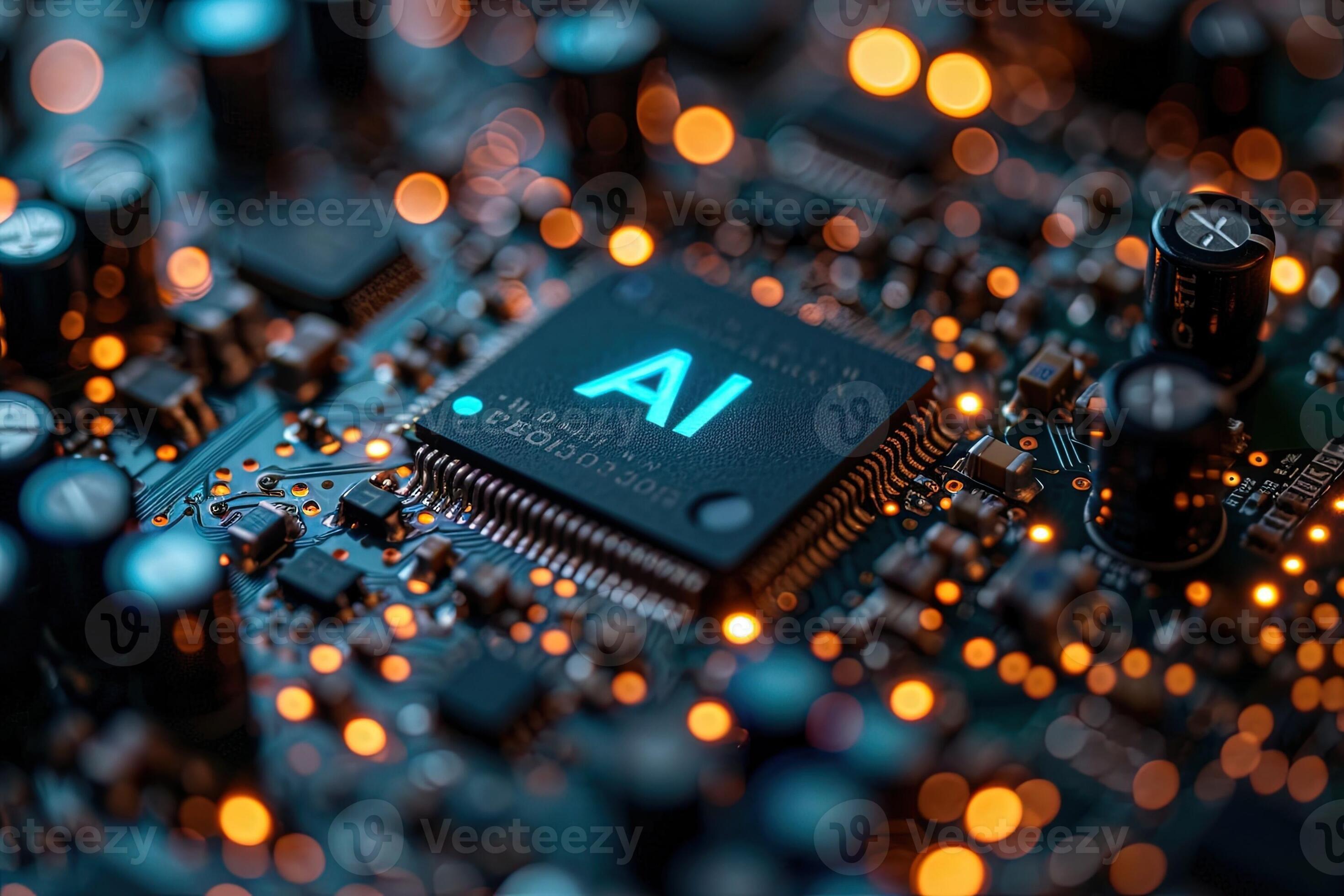AI generated microchip with AI logo text irradiating pulse of blue energy to other circuits ...
