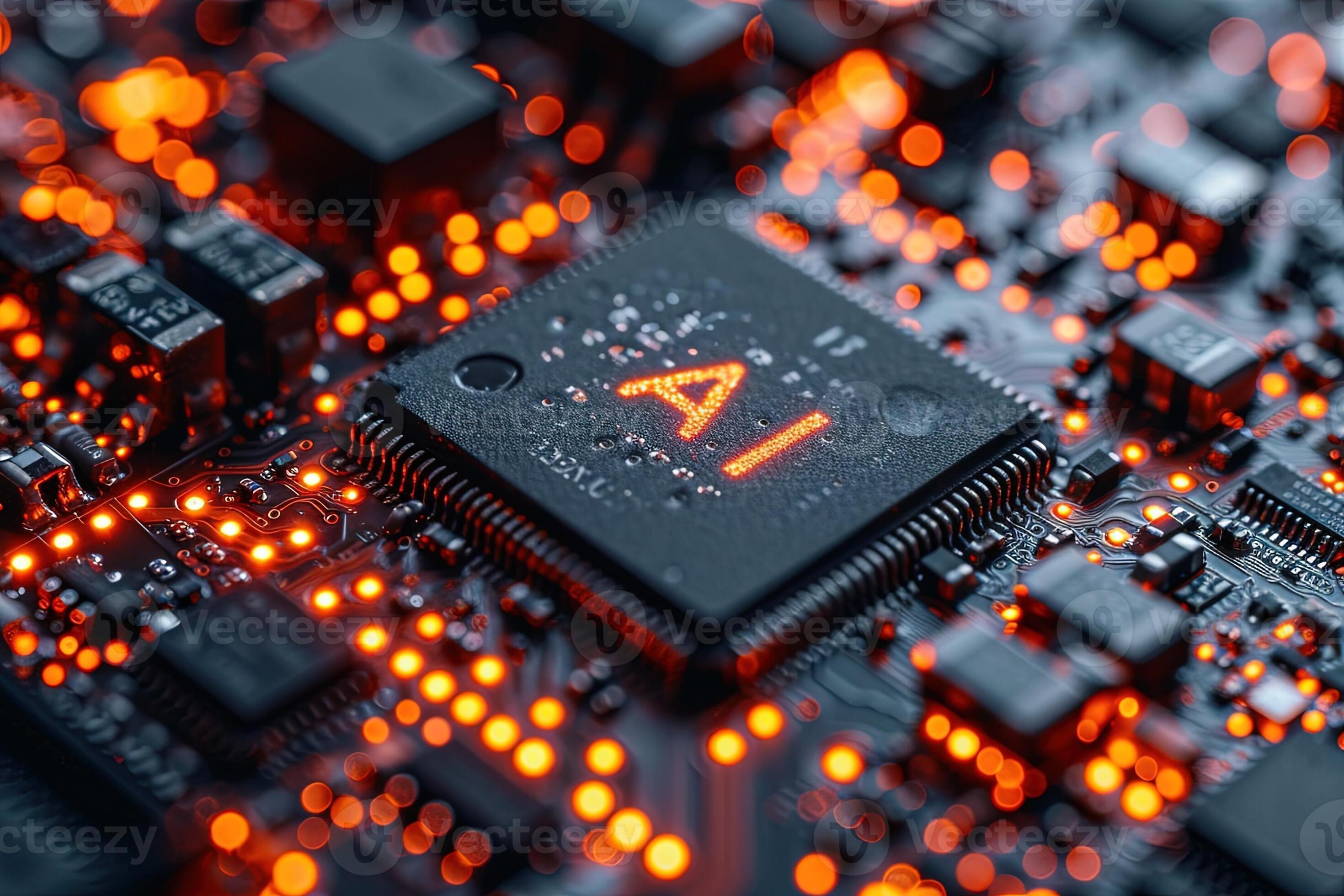 AI generated microchip with AI logo text irradiating pulse of blue energy to other circuits ...