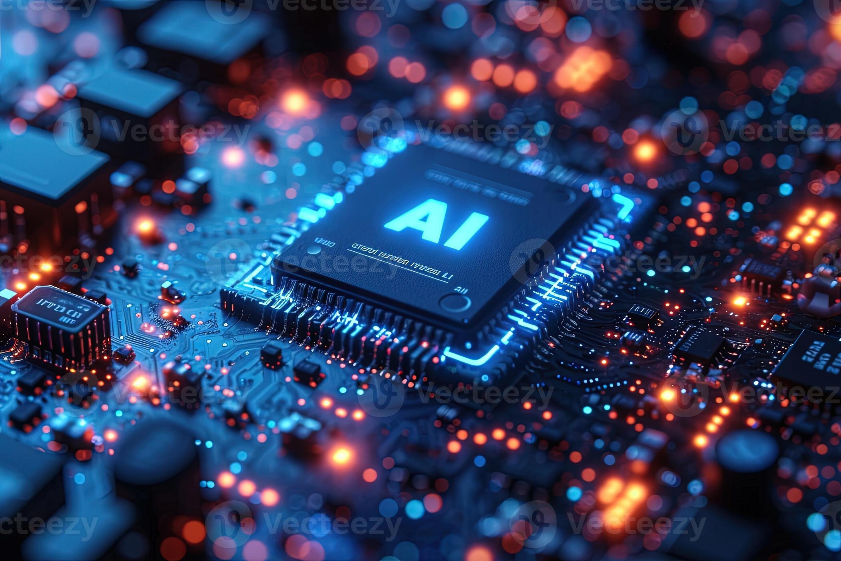 AI generated microchip with AI logo text irradiating pulse of blue energy to other circuits ...