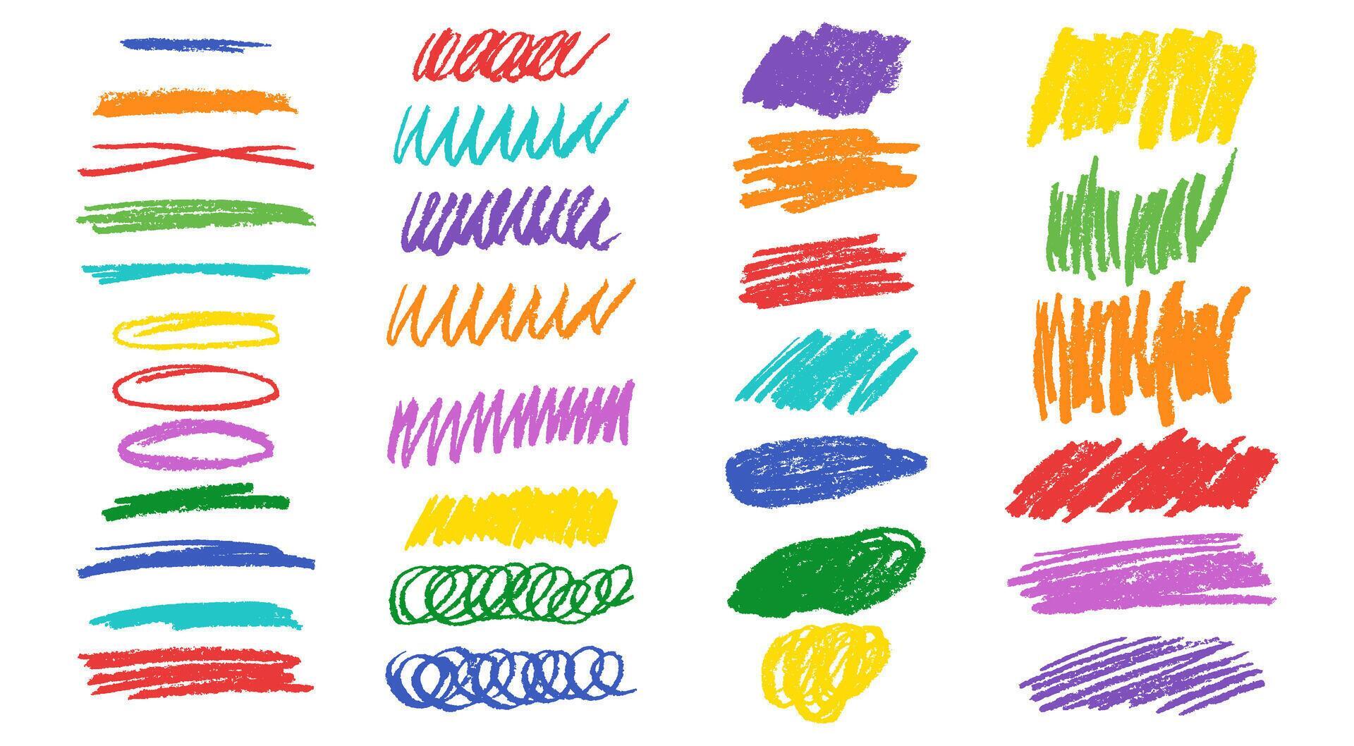 Set colorful crayon stroke lines and scribbles. Grunge chalk sketch ...