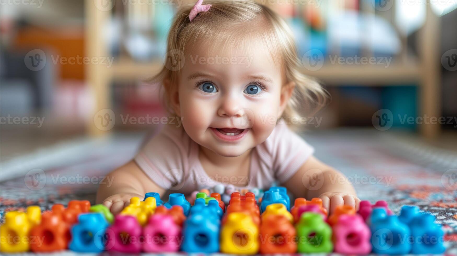 AI generated Adorable baby girl playing with colorful building blocks indoors 38375820 Stock ...