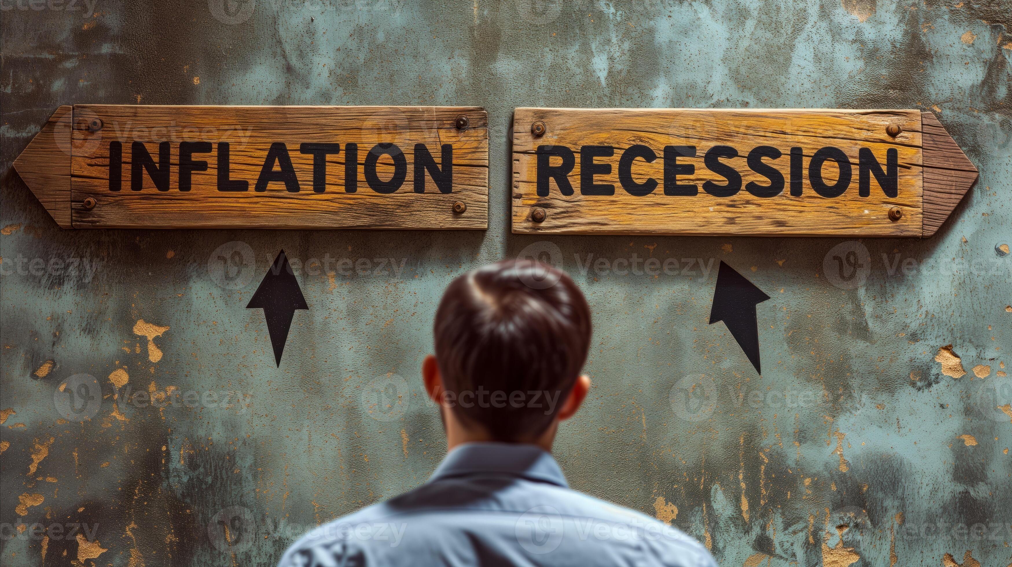 AI generated A man stands in front of two wooden signs. Signs say inflation and recession ...