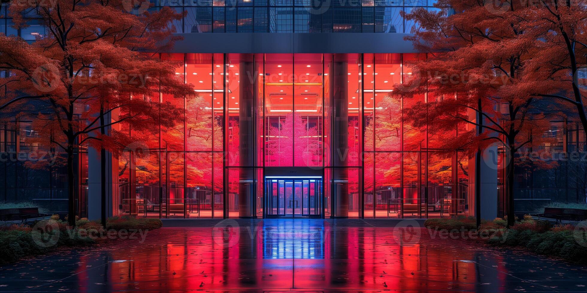 Ai Generated Modern Glass Building Entrance With Vibrant Autumn Trees On A Rainy Evening