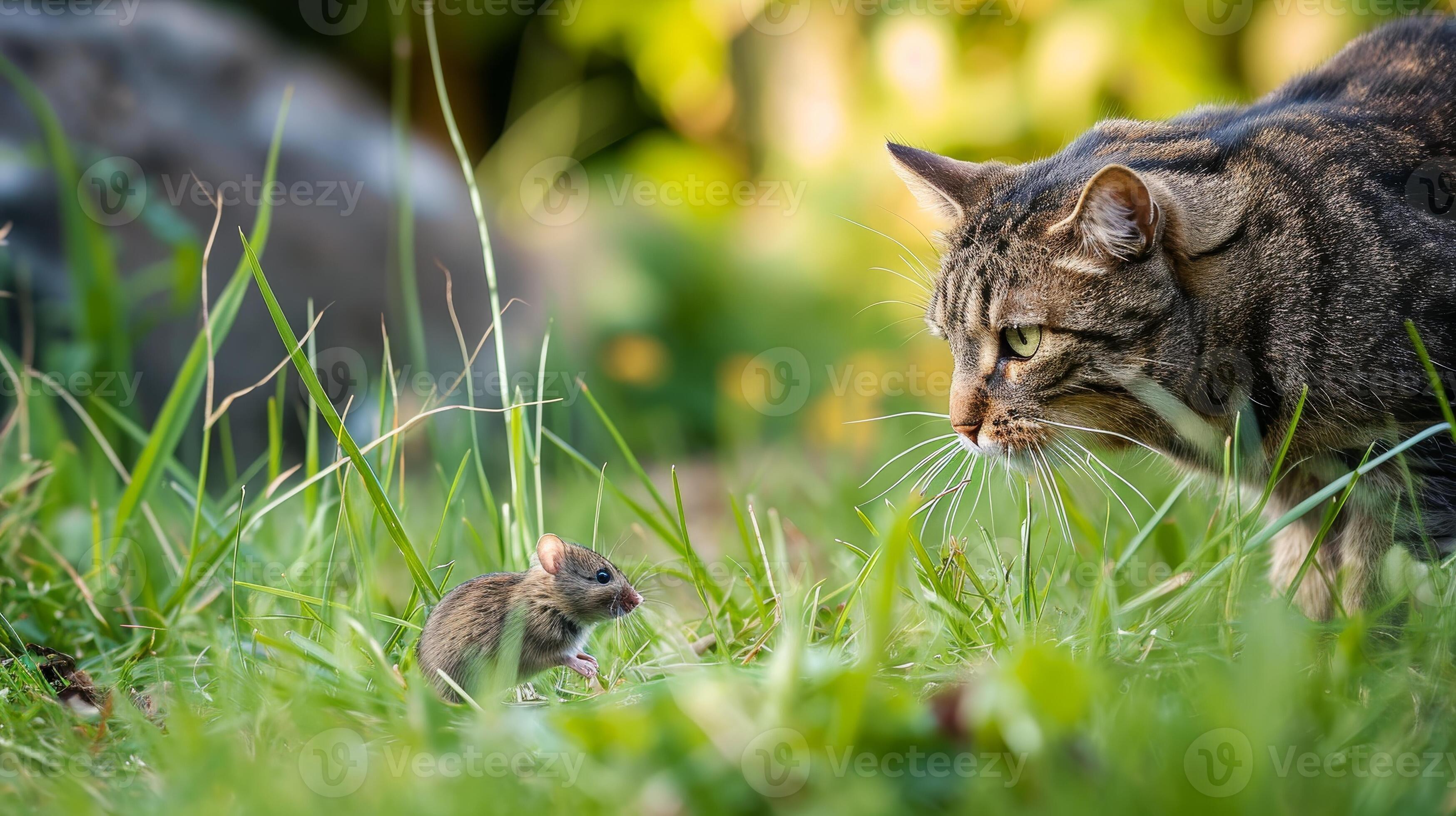 AI generated Cat chases a little mouse in tall grass outside, a classic ...