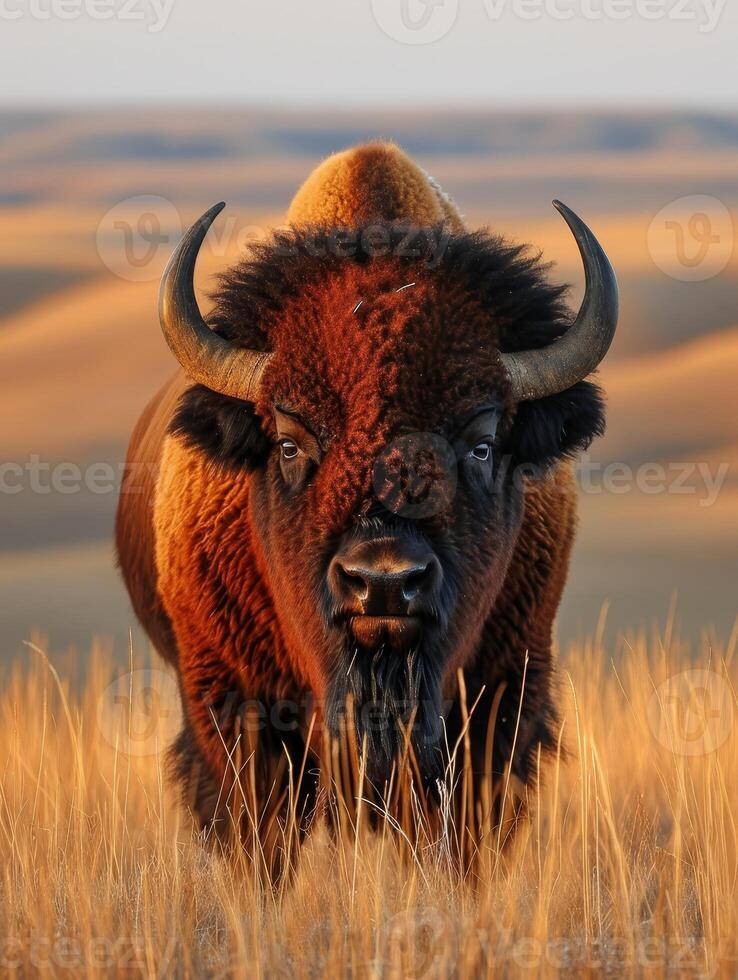 ai generado colosal bisonte deambula el vasto, azotado por el viento ...