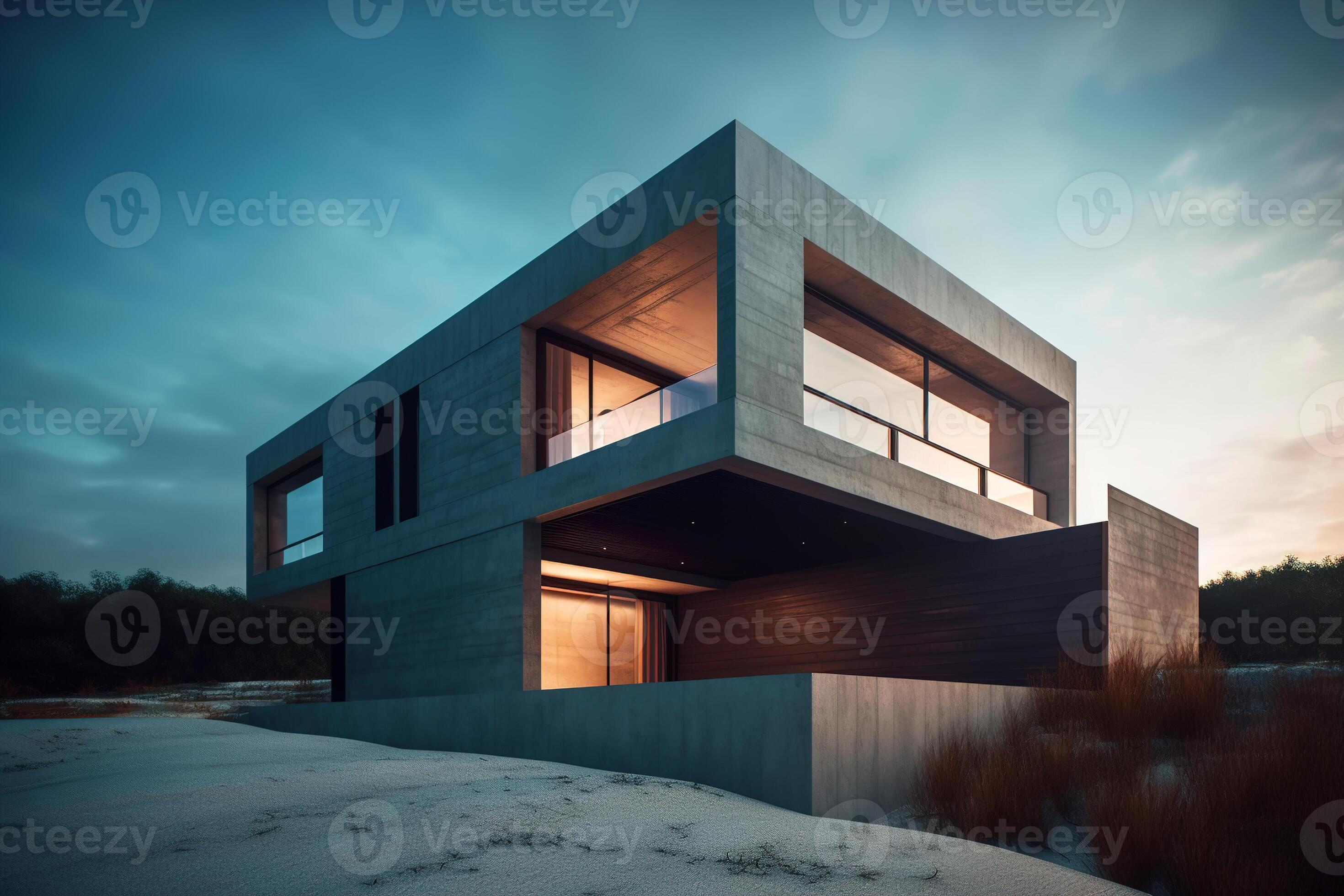 AI generated Modern geometric house on the beach in the evening ...