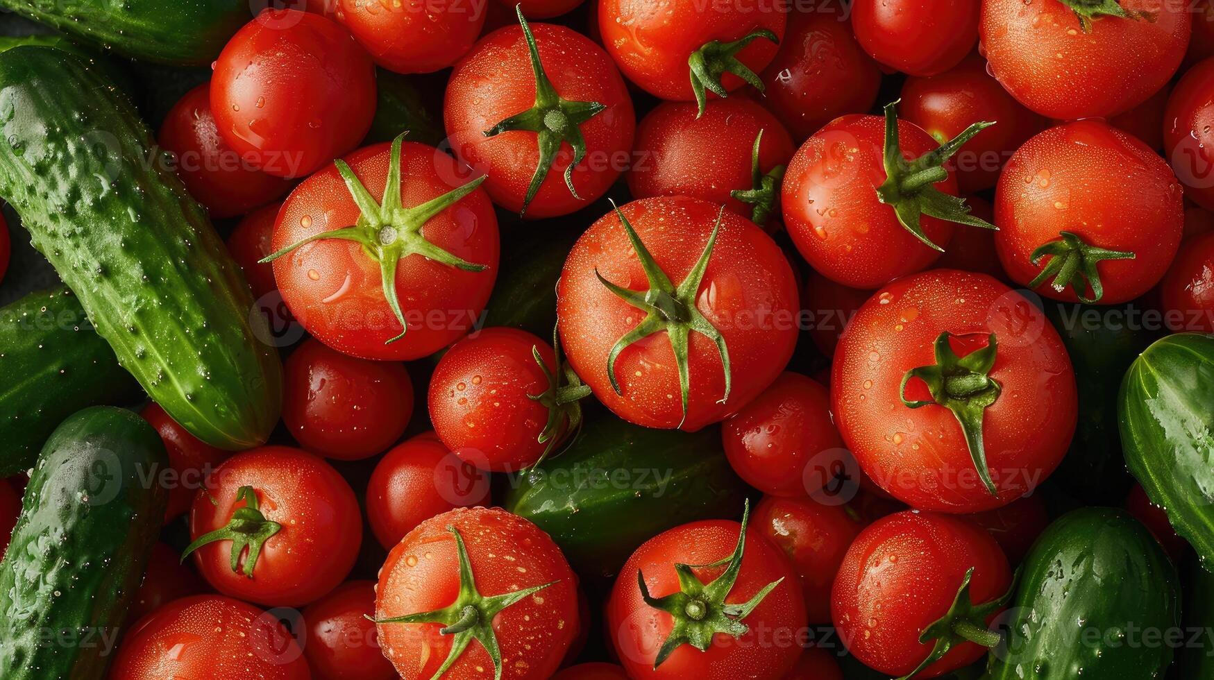 AI generated A bountiful heap of whole wet tomatoes and cucumbers ...