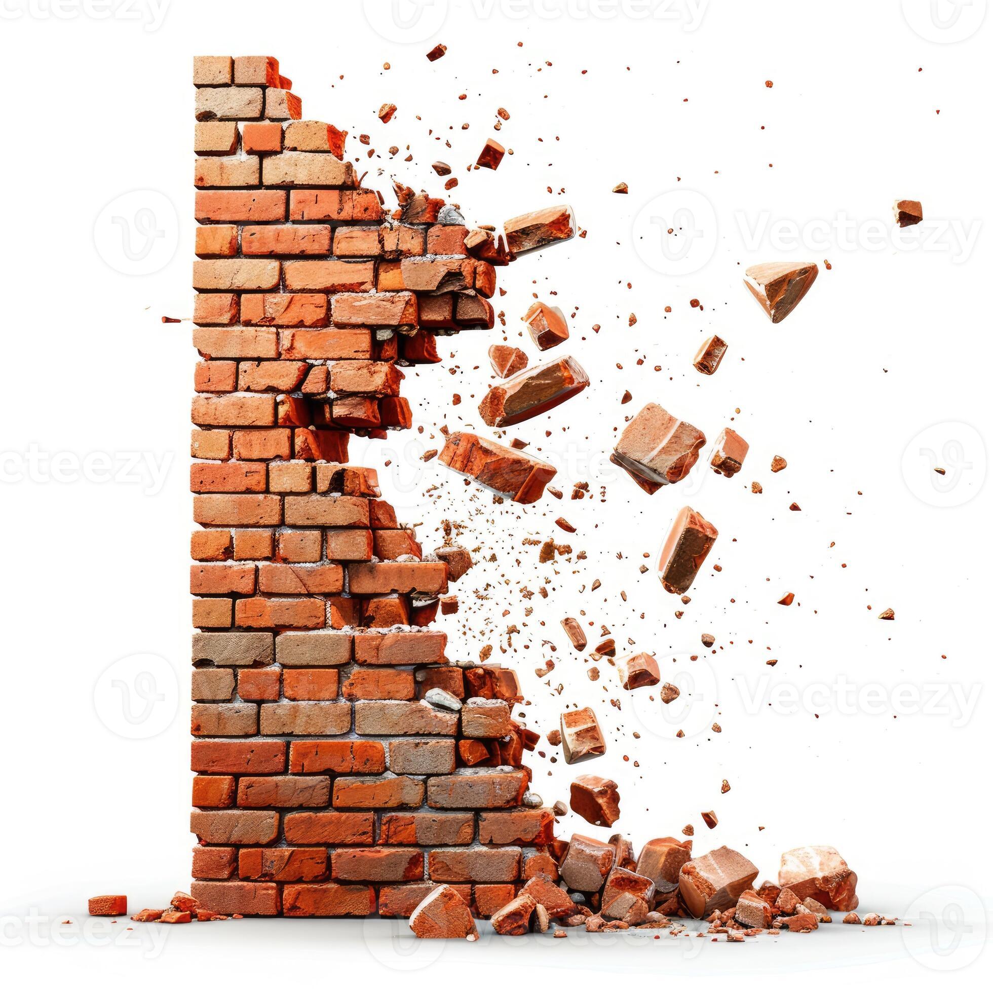 AI generated Red brick wall breaking apart, isolated on white - dynamic ...