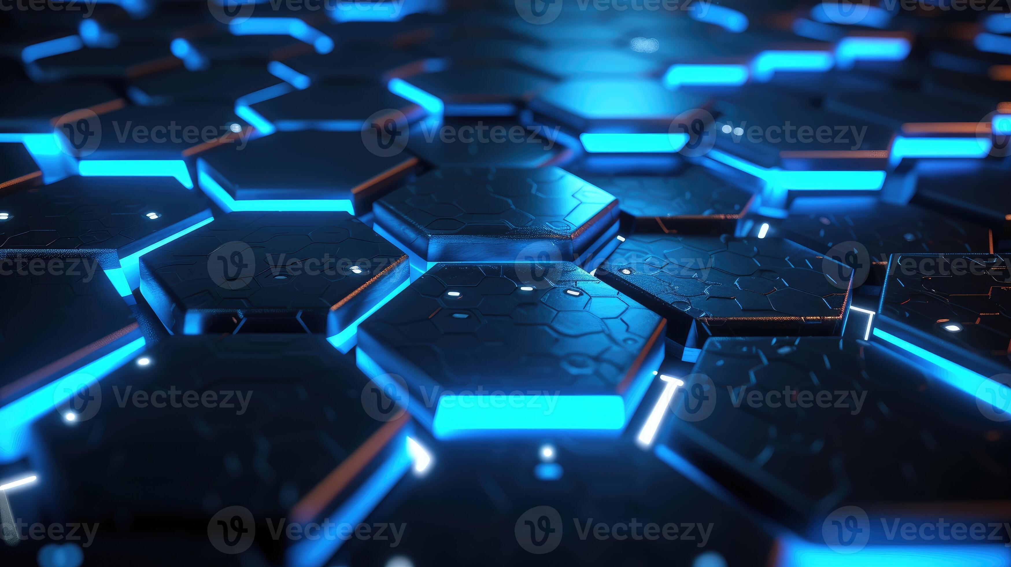 AI generated Futuristic hexagonal patterns glow with blue neon lights, creating an abstract ...