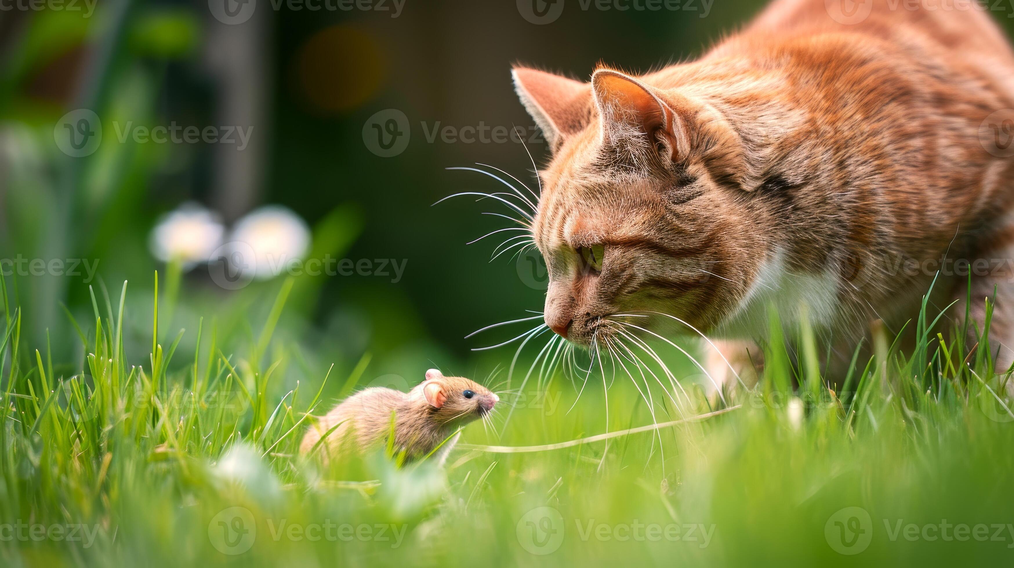 AI generated Cat chases a little mouse in tall grass outside, a classic ...