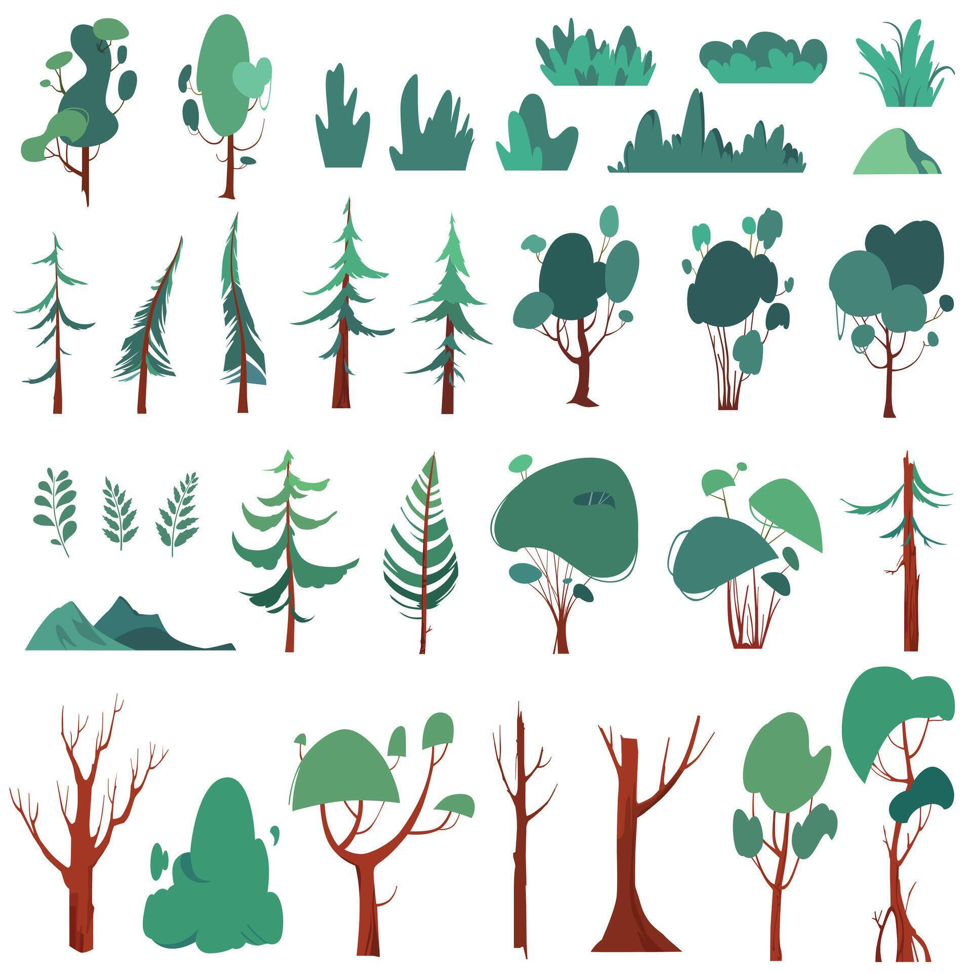 Forest set with trees, shrubs, bushes and tree trunks. Vector clip art ...