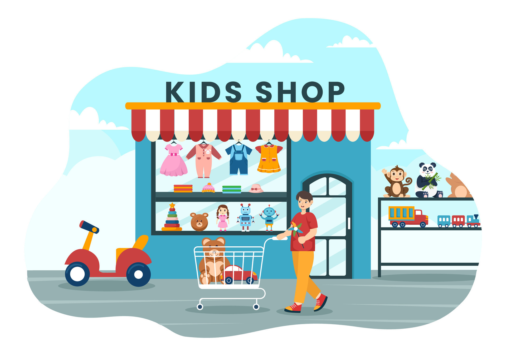 Kids Shop Vector Illustration with Boys and Girls Children Equipment such as Clothes or Toys for ...