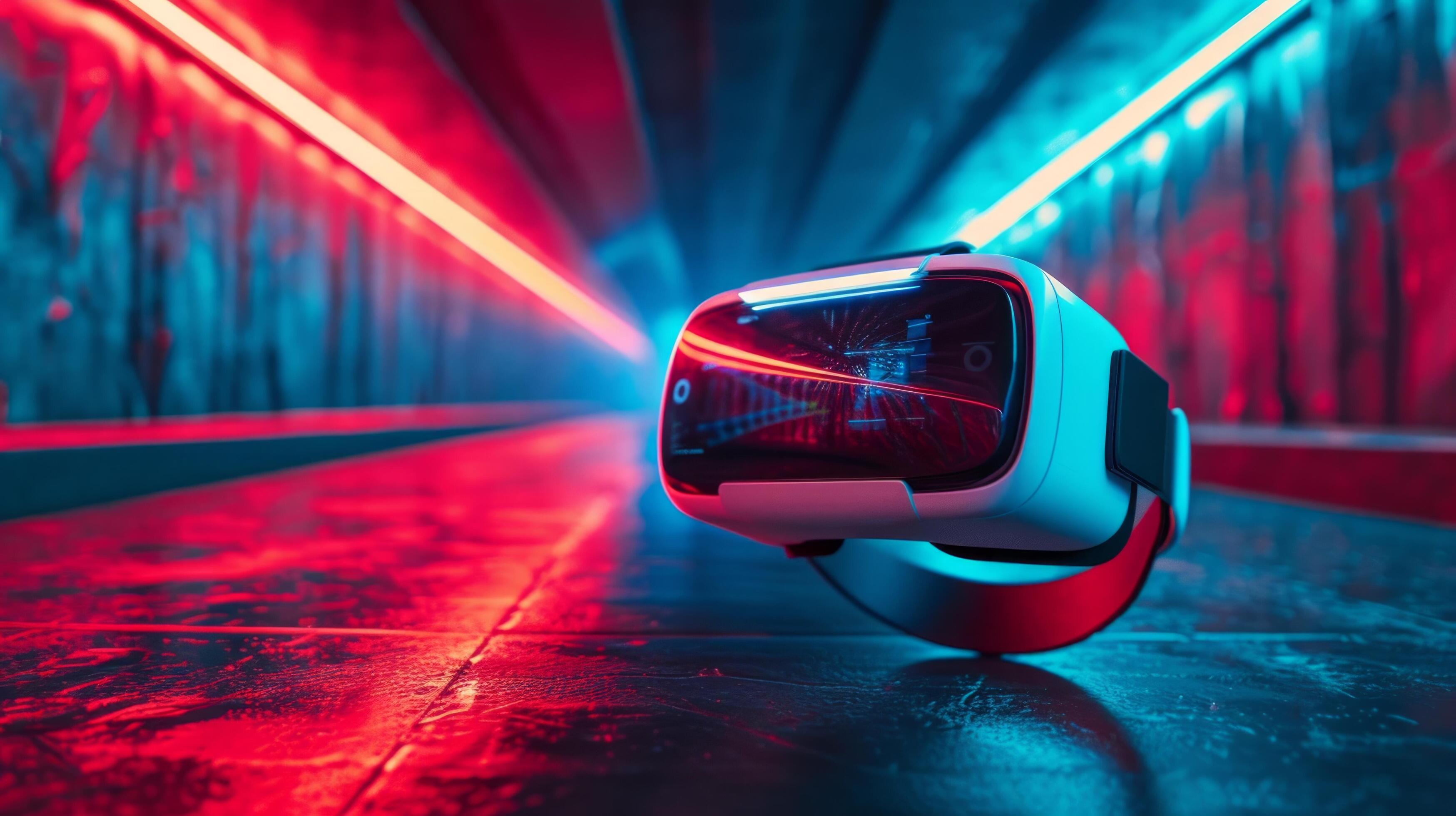 AI generated A futuristic VR headset in a striking, tech-themed setting ...