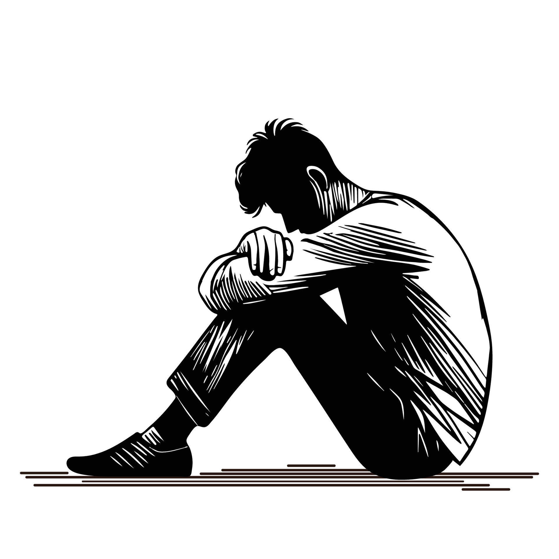 Young Tired Depressed Male Man Sitting Alone At Floor Bowed His Head On