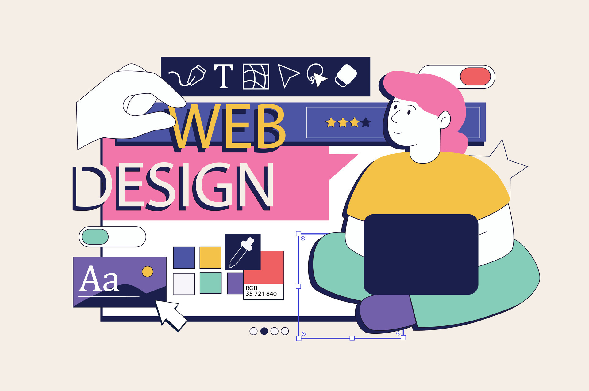 Web Development Concept In Flat Neo Brutalism Design Woman Creating Homepage Interface With