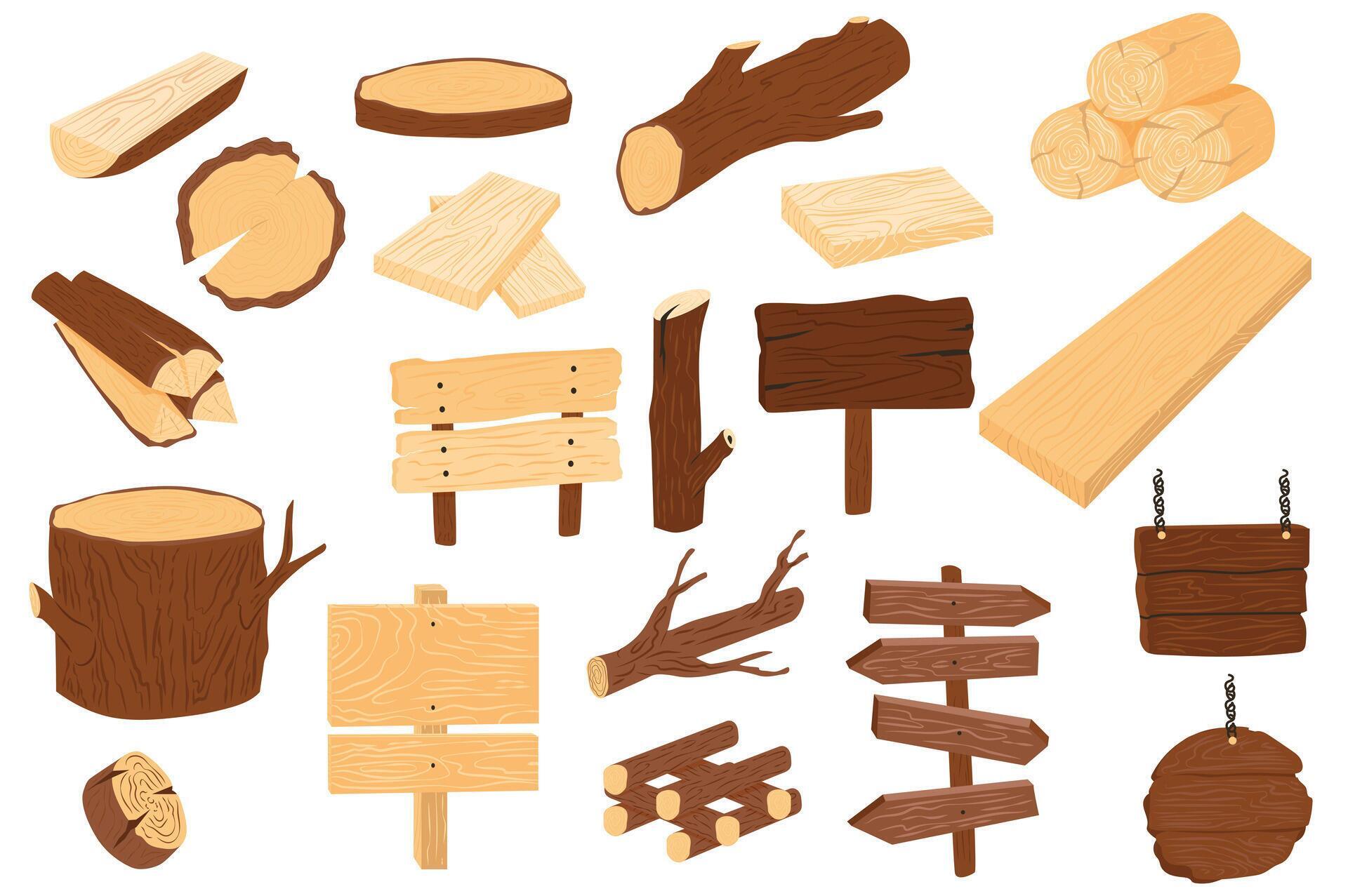 Wood tree logs mega set in flat design. Bundle elements of wooden material, planks, tree trunks ...