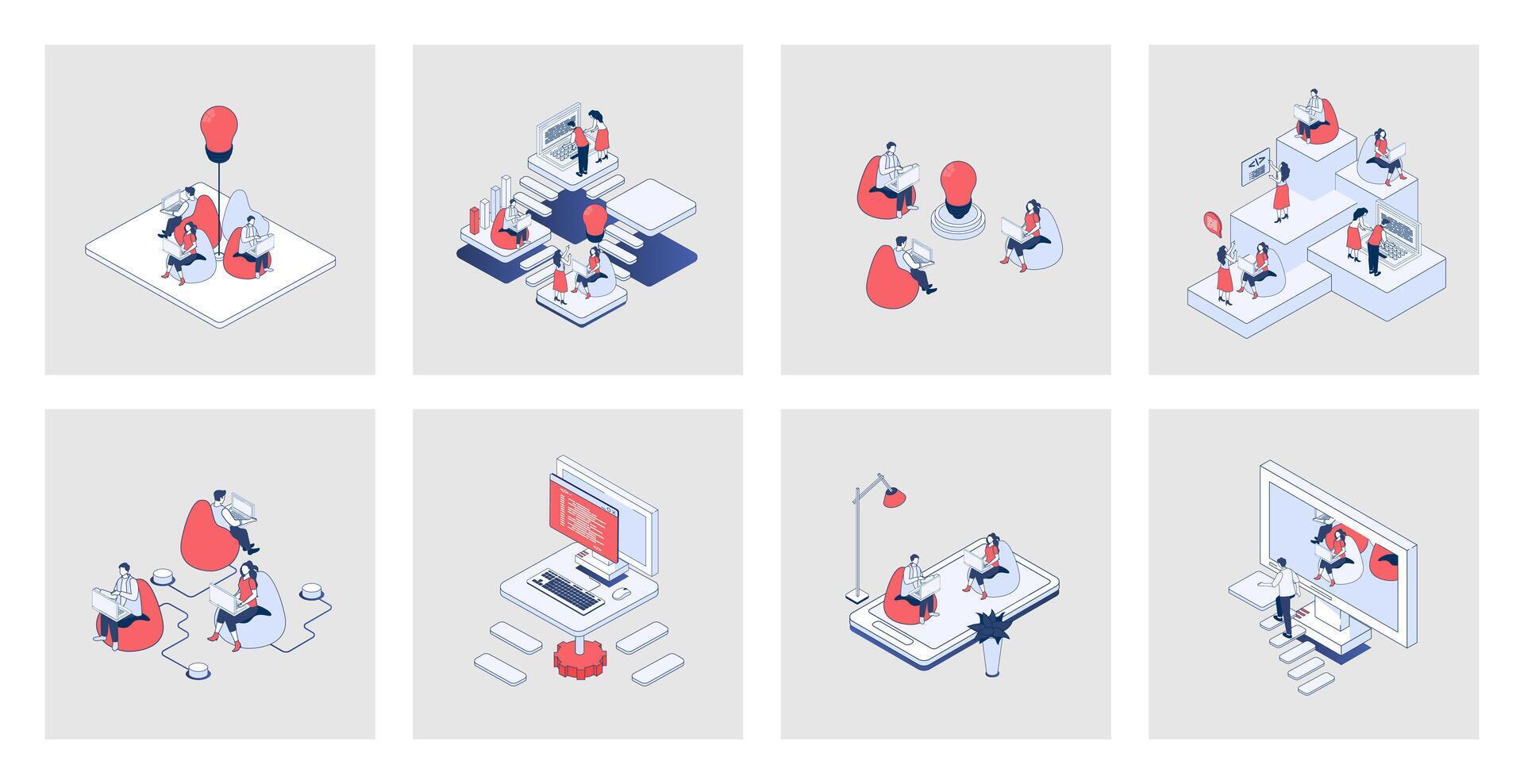 Coworking Concept Of Isometric Icons In 3d Isometry Design For Web