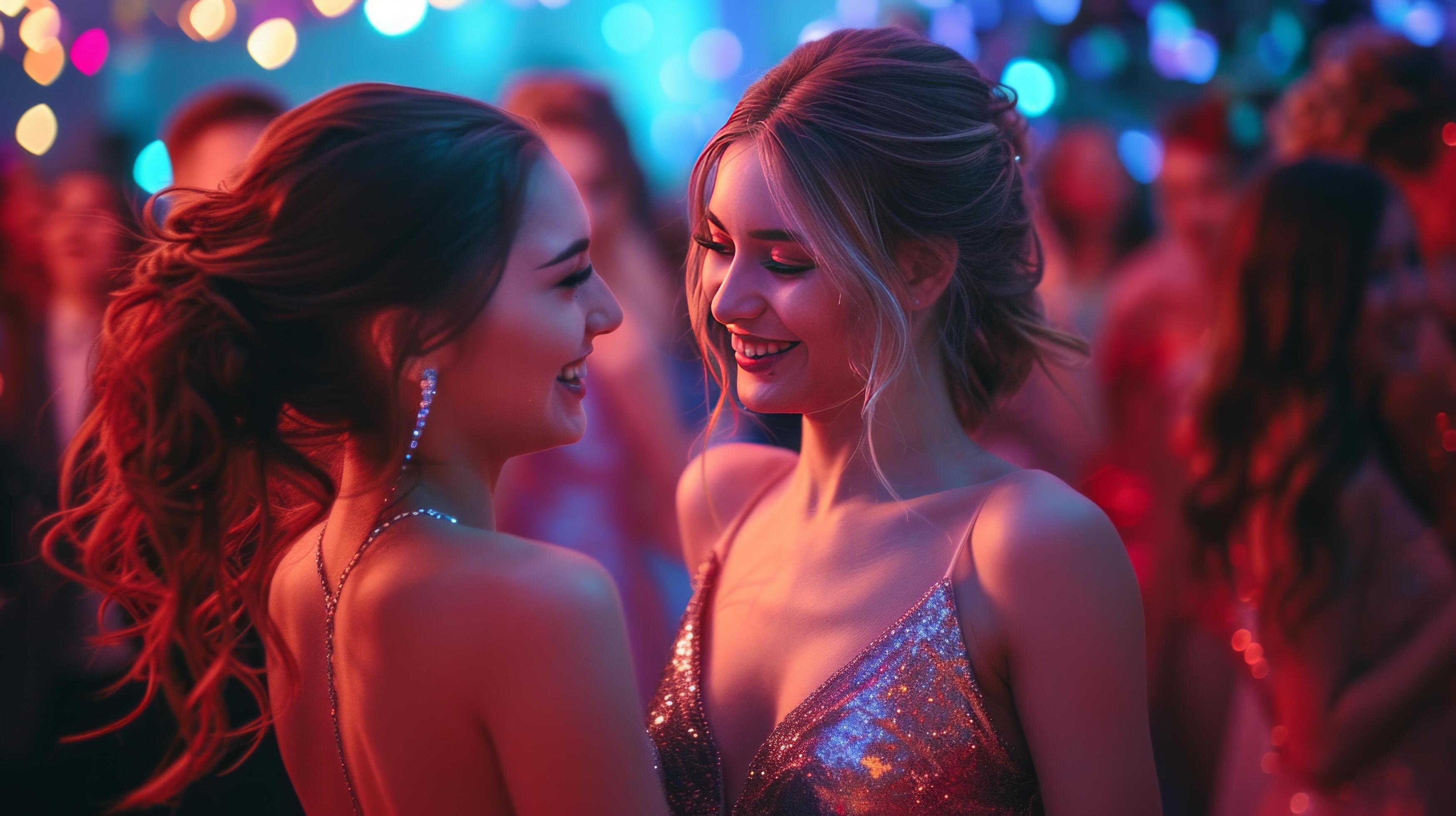 AI generated Two young beautiful girls in shiny dresses dance at a party 38469231 Stock Photo at ...