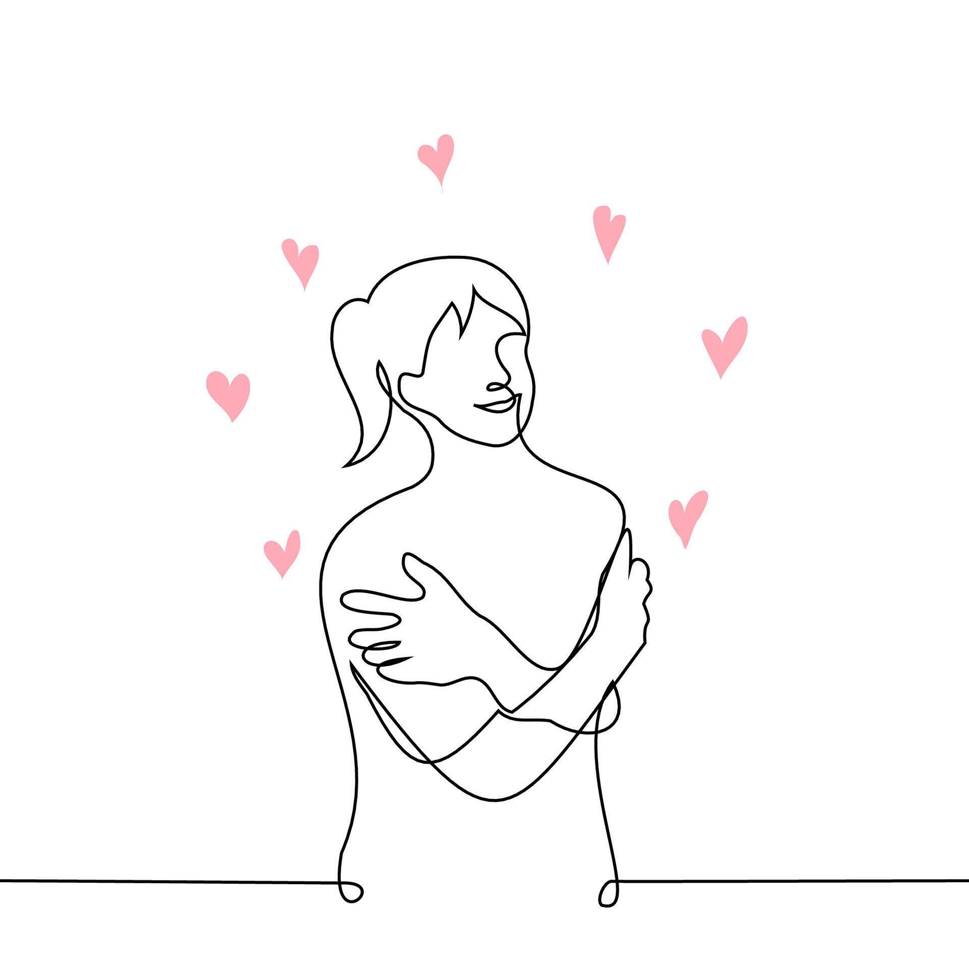 Woman Hugging Herself Smiling One Line Drawing Vector Concept