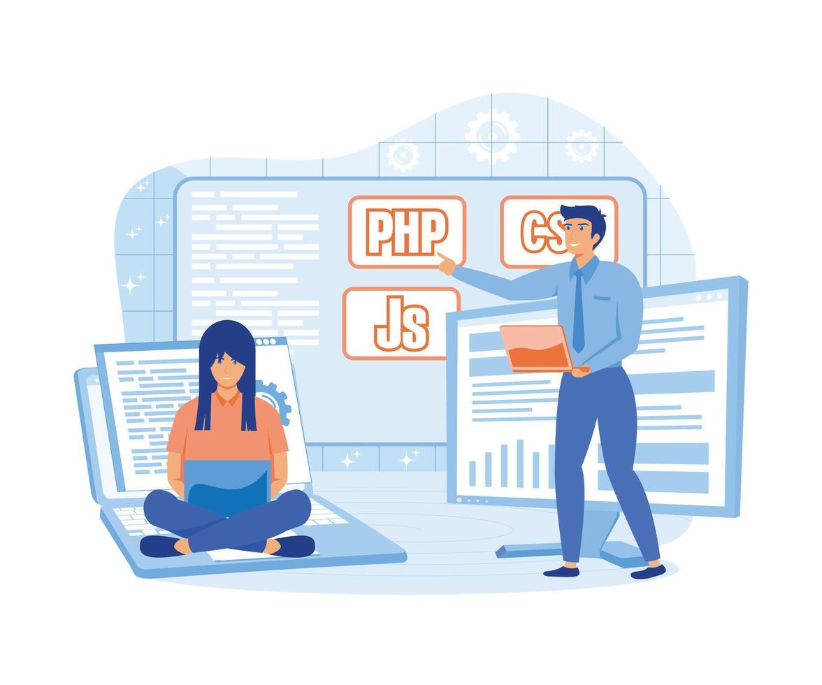 Programming courses. Students studying with computers scene. flat ...