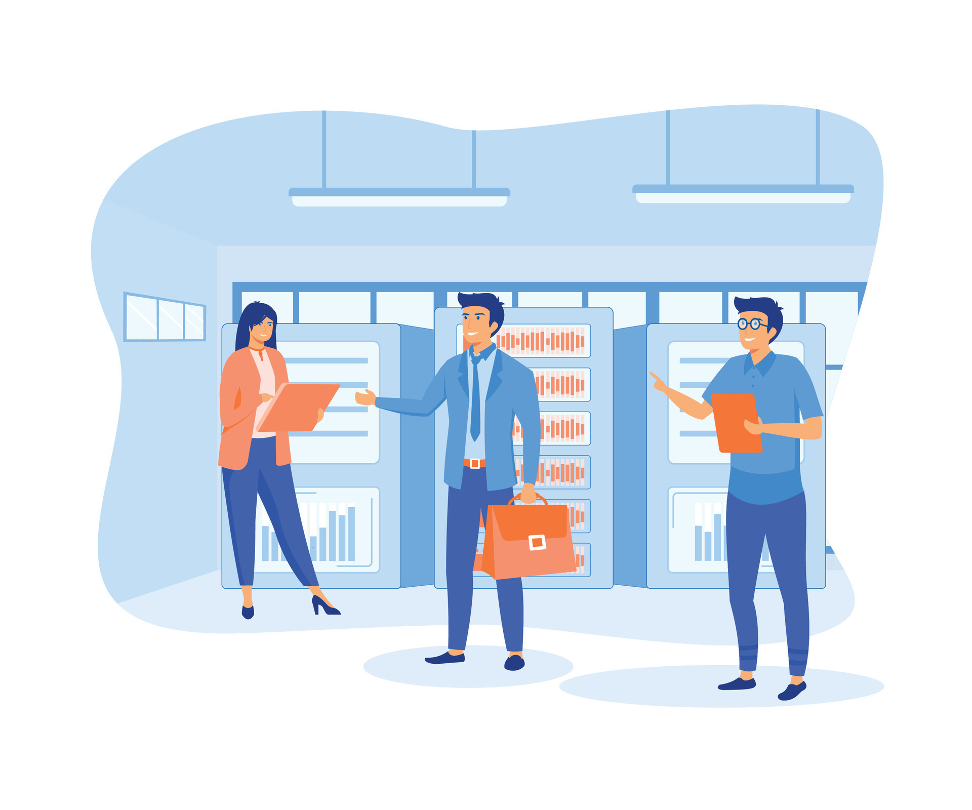 Businessman in data center room. Data network management. Hosting ...