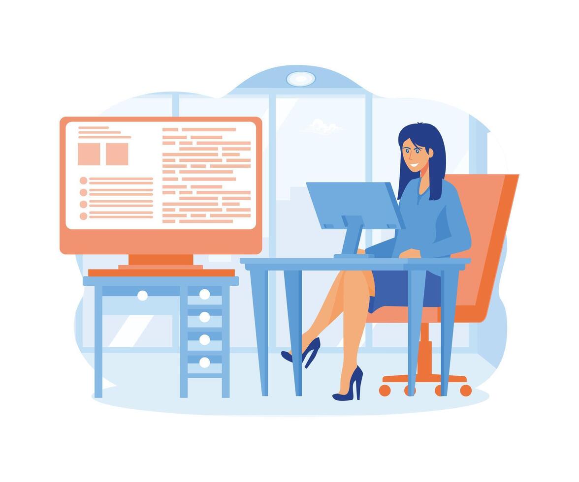 Young beautiful girl programmer behind a laptop and a computer writes a ...